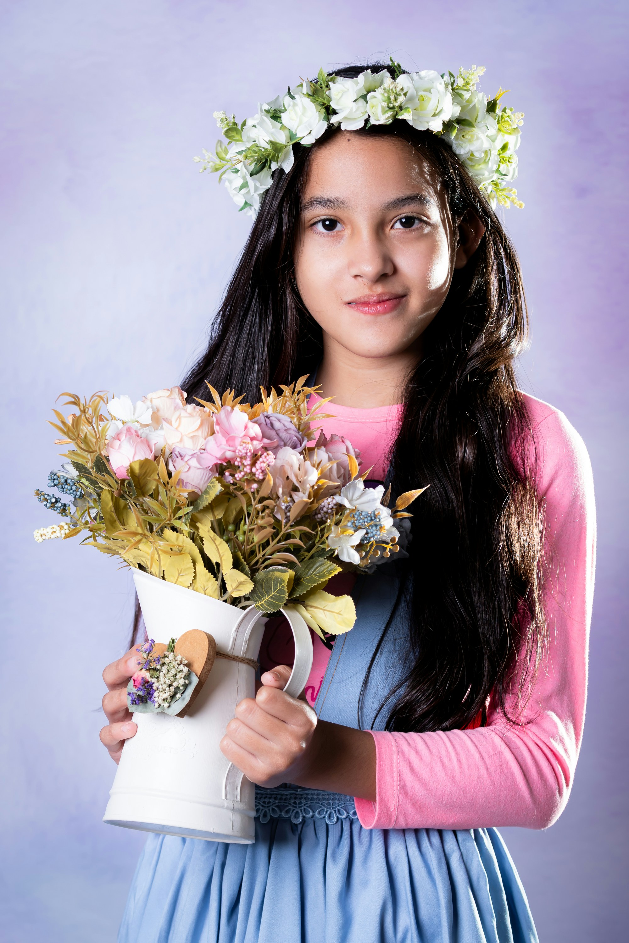 Pastel Bloom Portrait: Floral Crown and Bouquet in a Lavender Studio