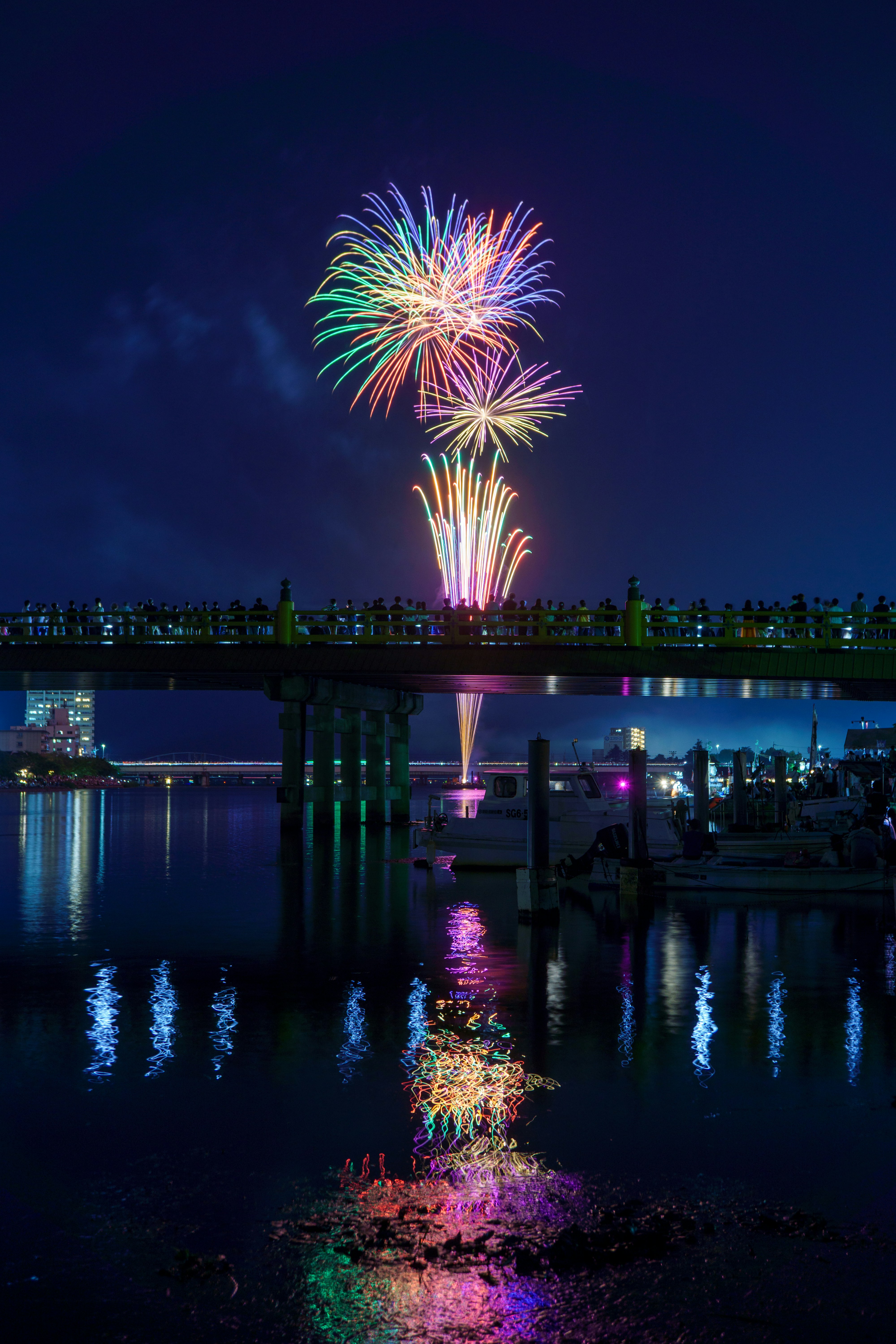 Midnight Firework Bloom Over the Riverside Bridge