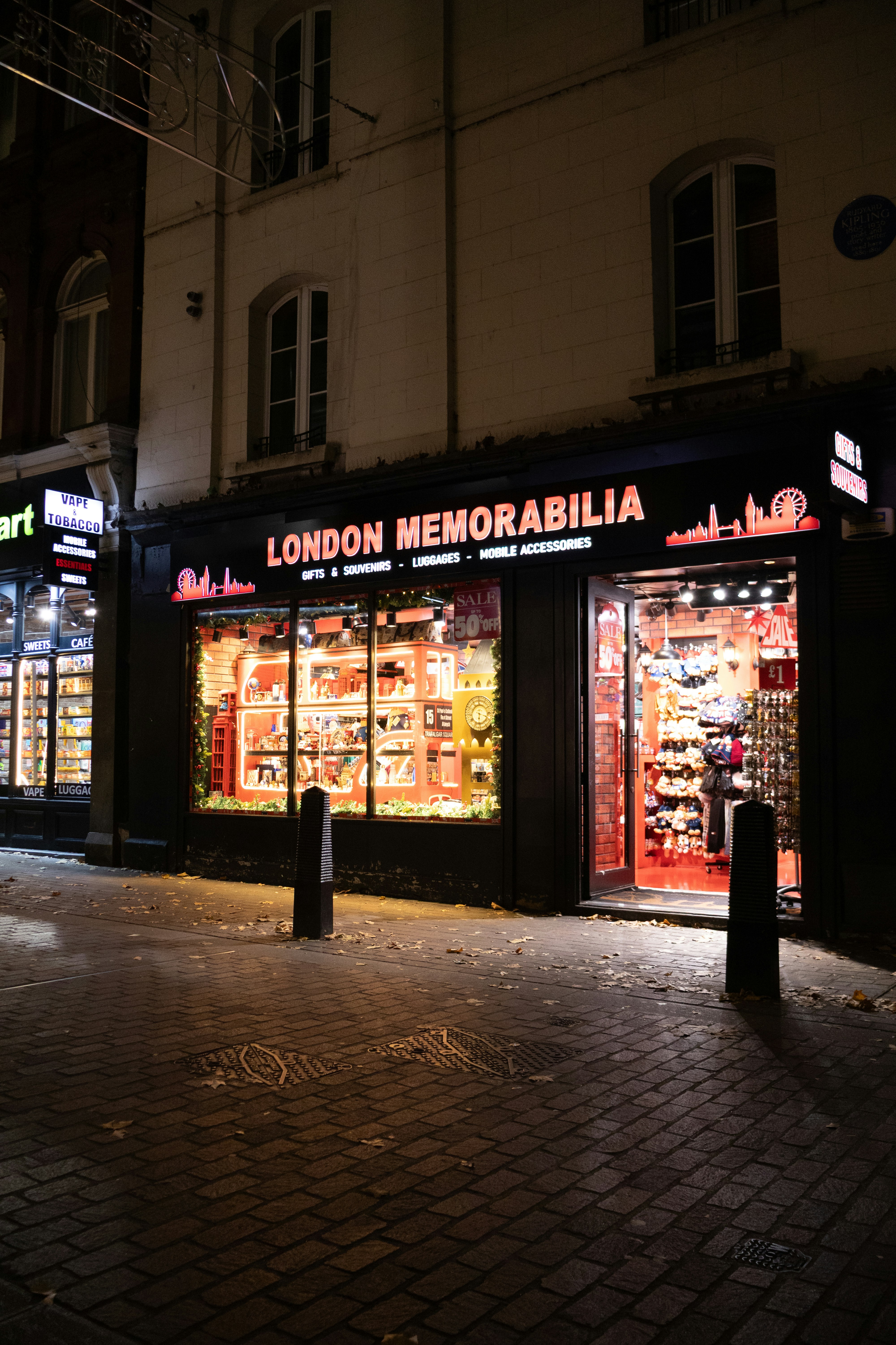 Neon Keepsakes of London: Nighttime Window of a Curio Shop