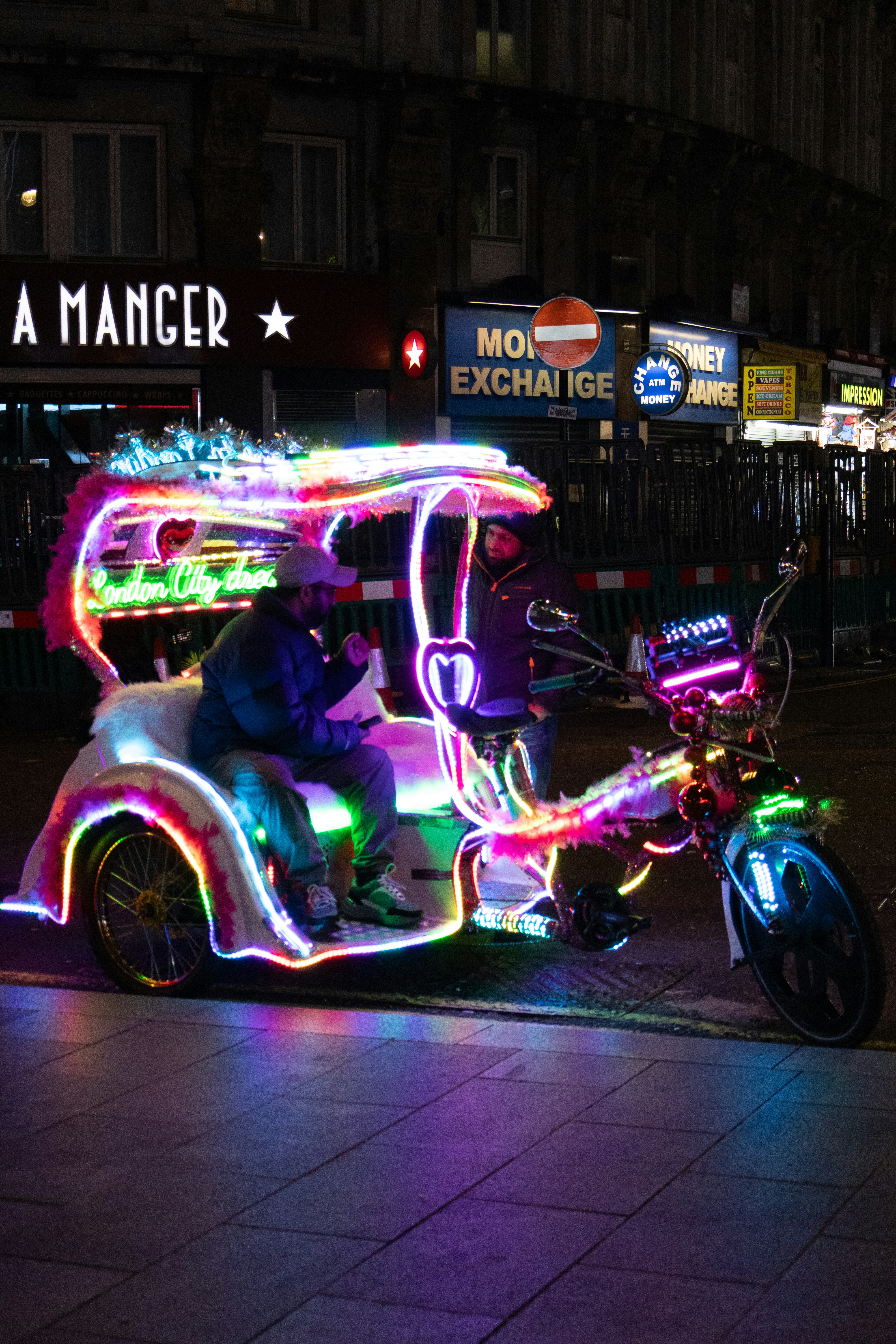 Neon-Lit Pedicab: A Kaleidoscope of Night-Ride in Neon City