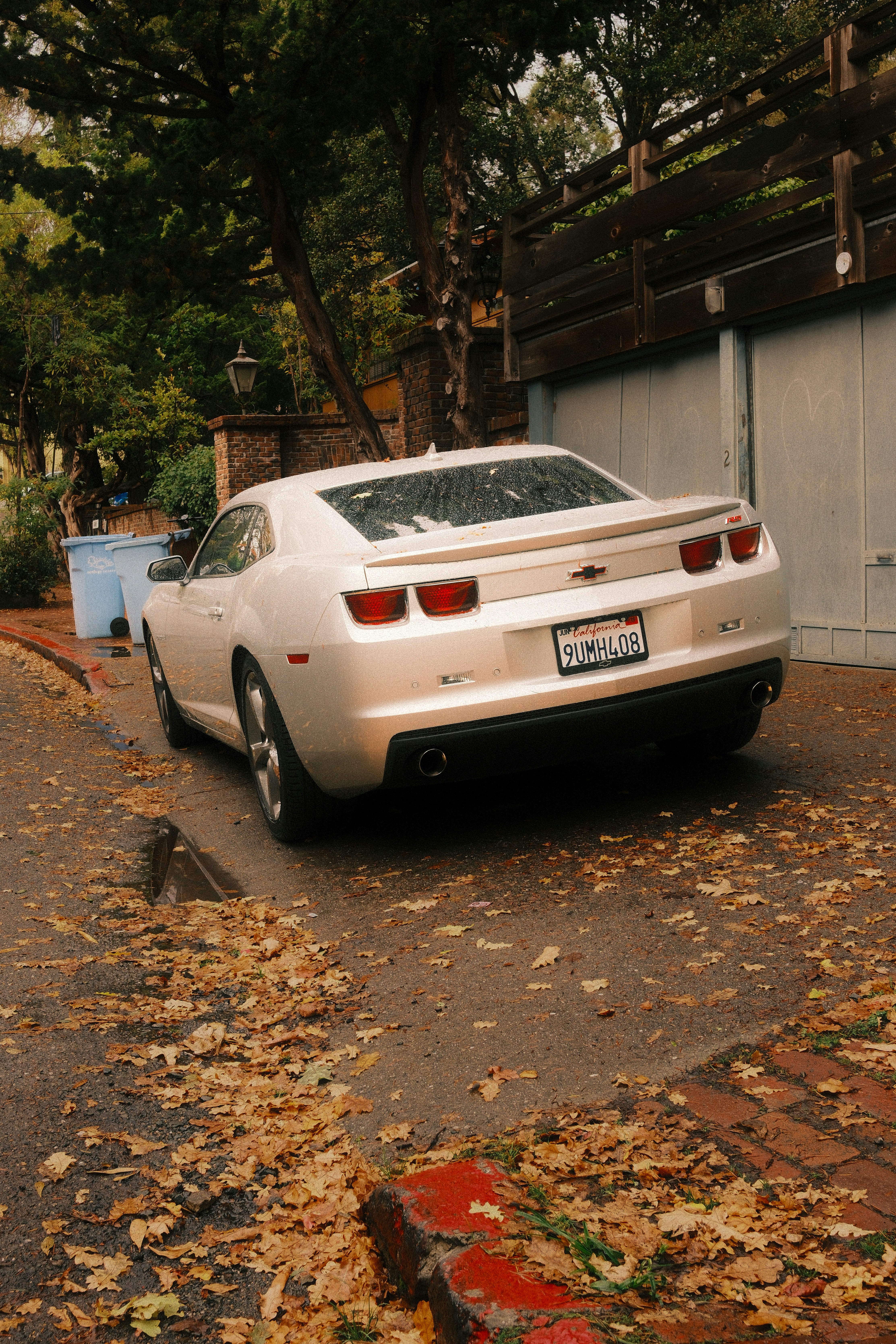 Autumn Quiet: White Camaro Anchored on a Leaf-Littered Street