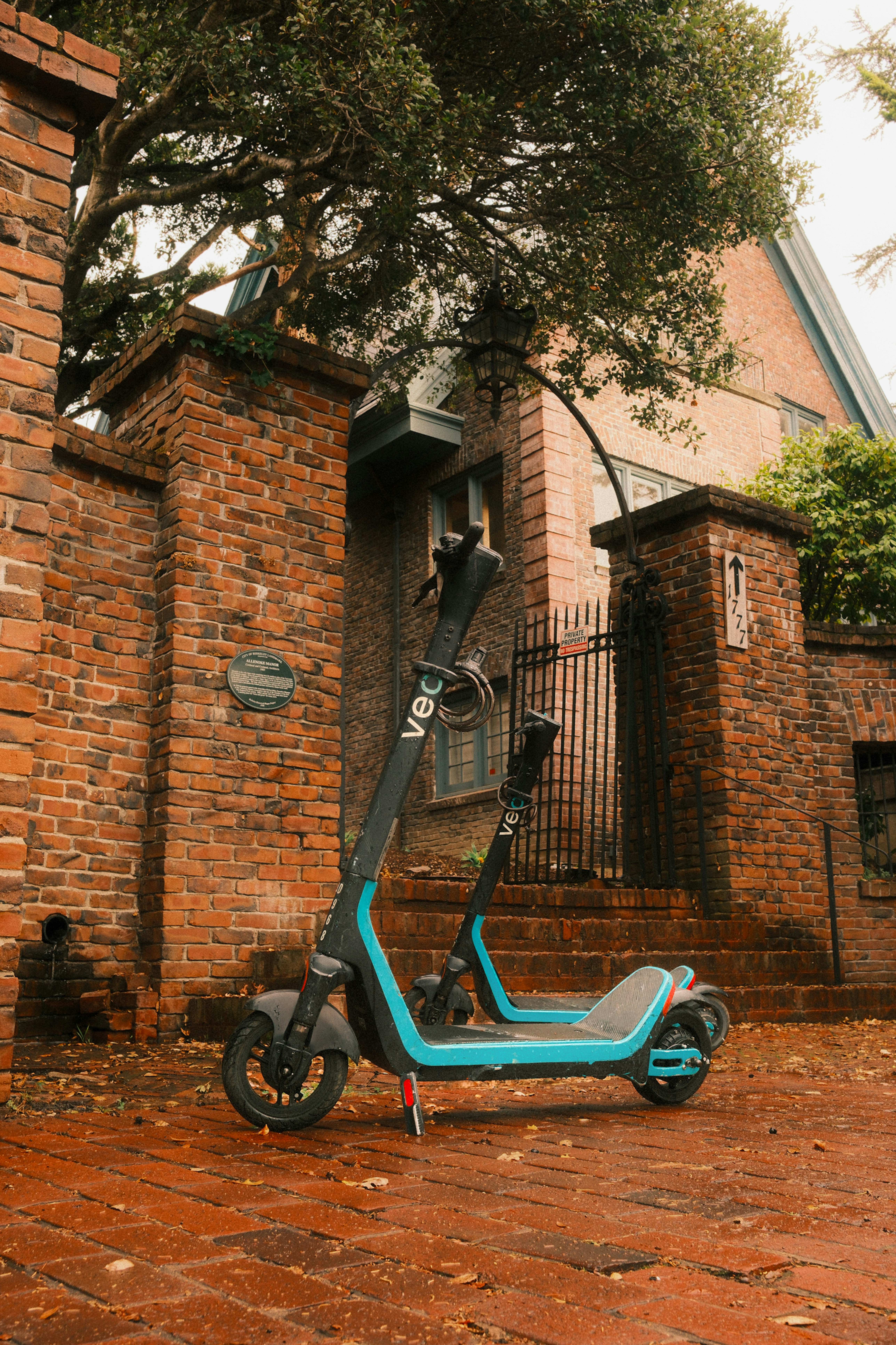 Electric Blue Scooter Resting by a Brick Gate