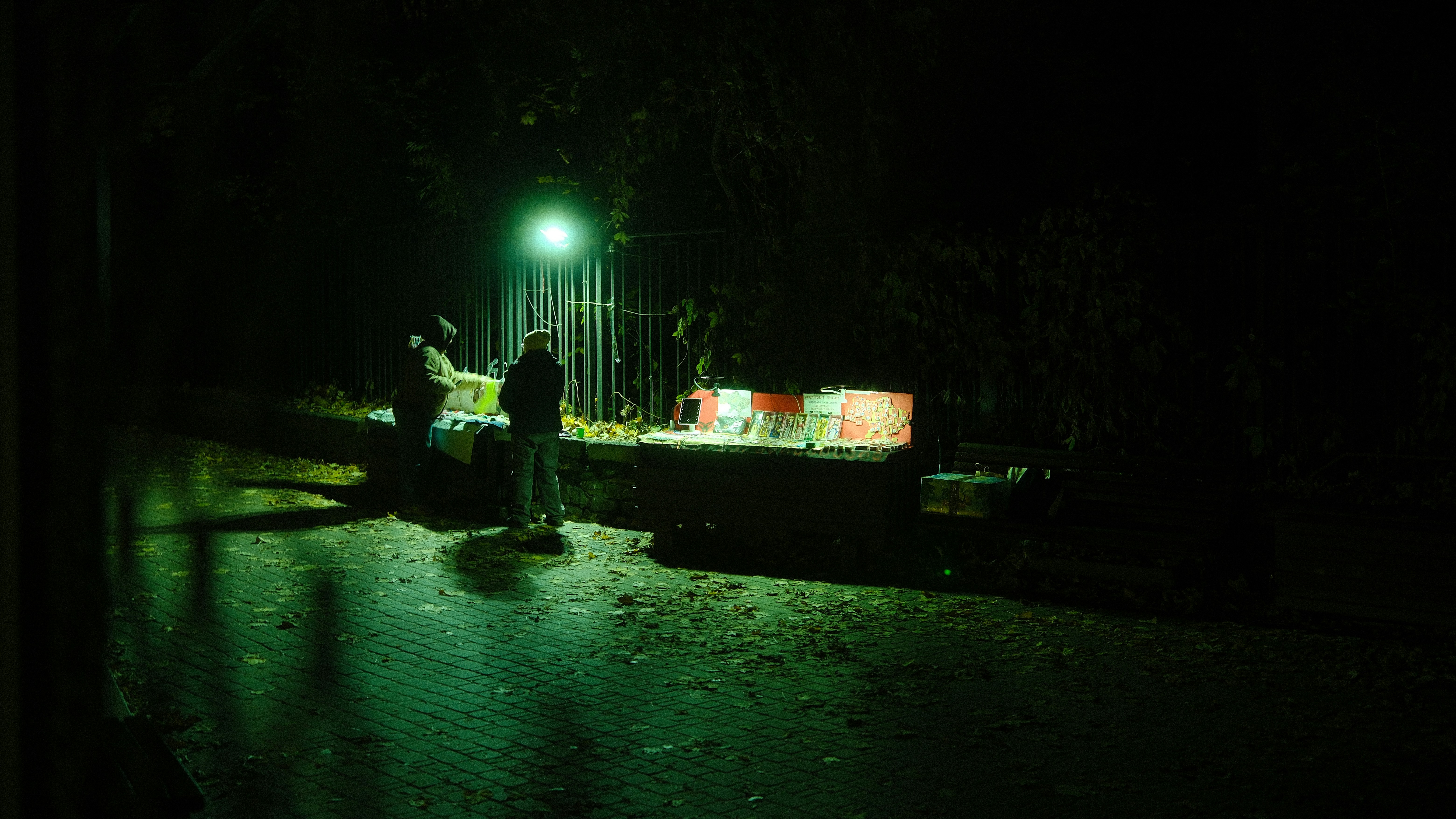 Emerald Beacon by the Barricade: Night silhouettes under a lone green glow