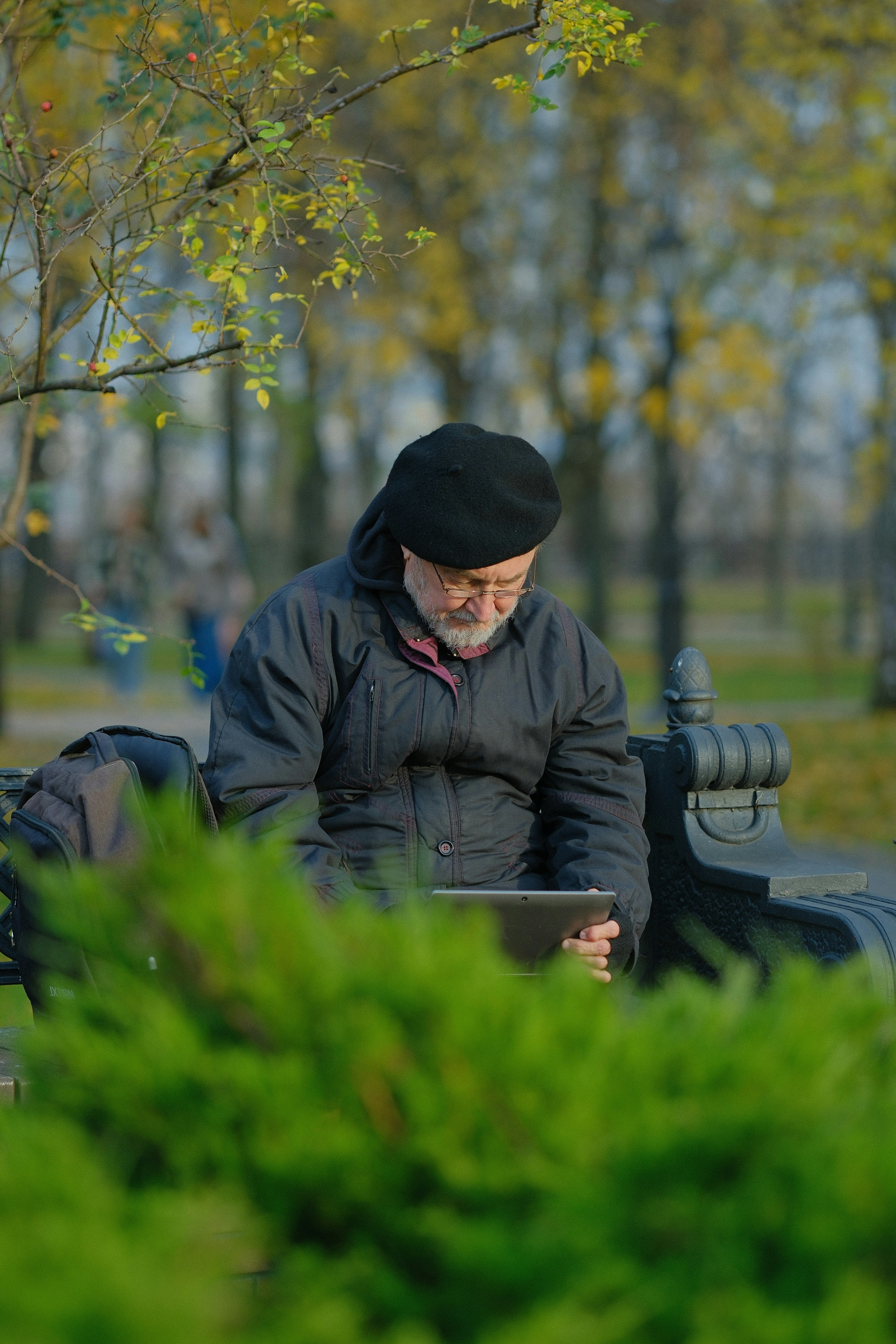 Autumn Tablet: A Quiet Moment of Focus on a Park Bench