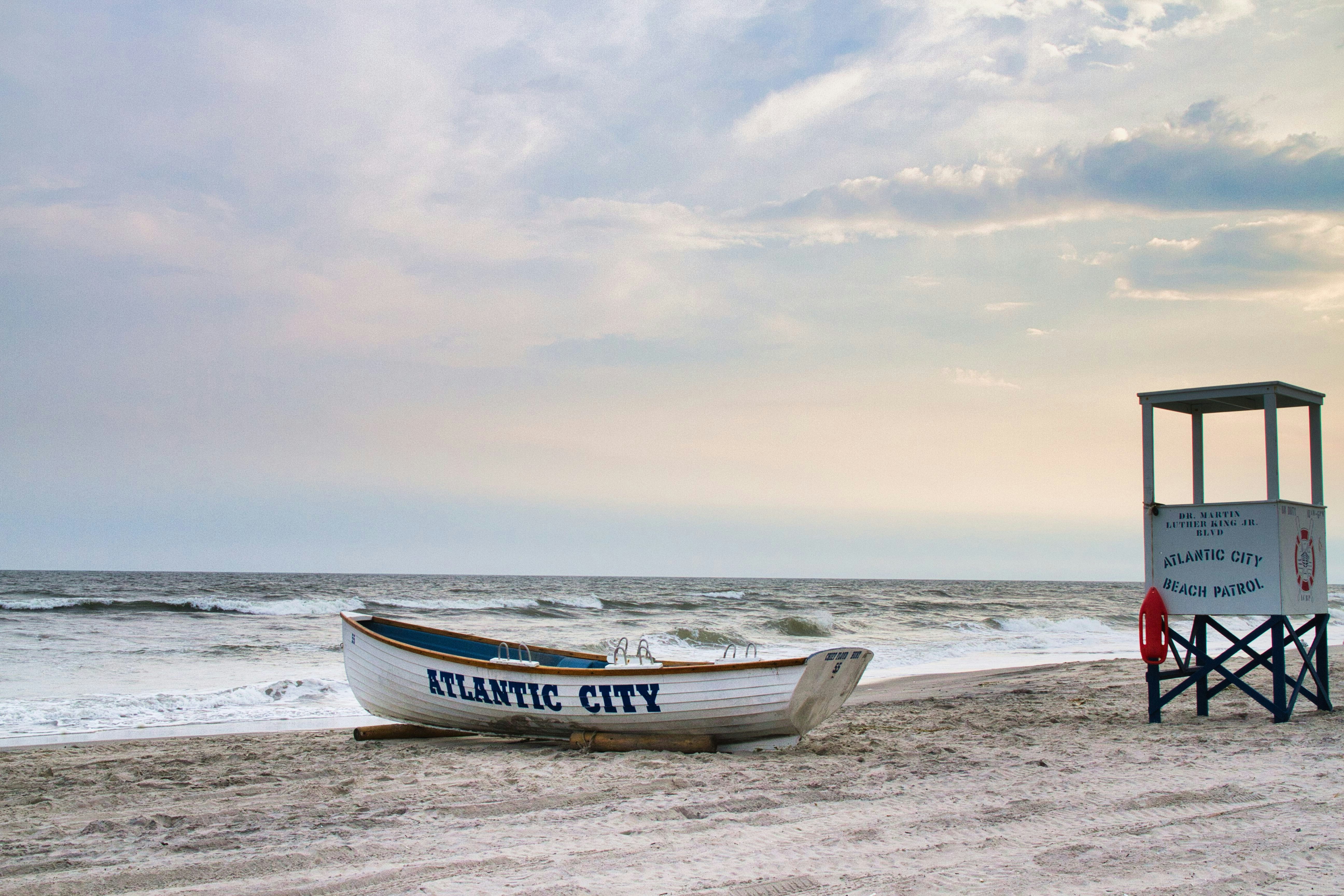 Atlantic City Rowboat on a Quiet Beach with a Lifeguard Tower