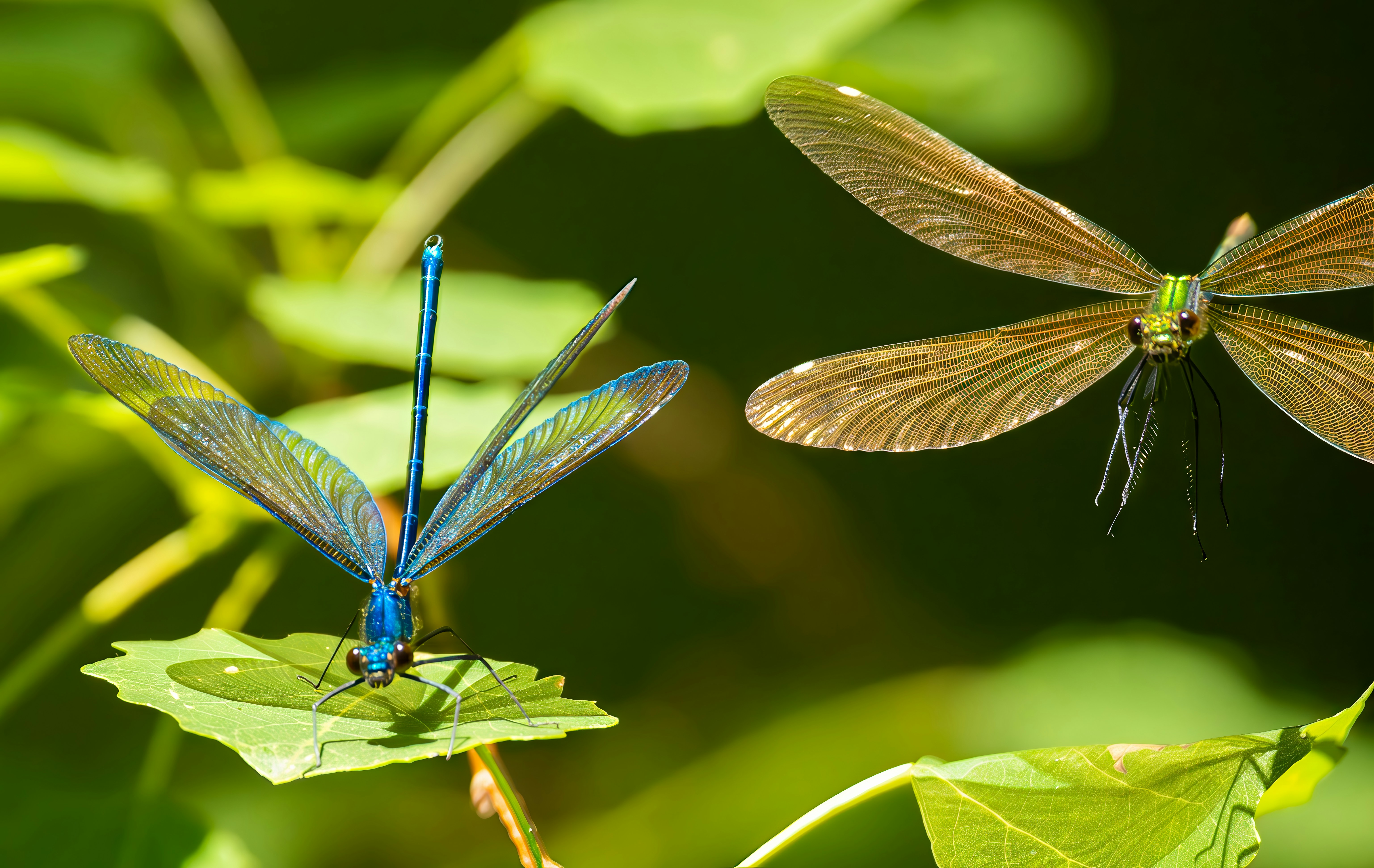 Azure Acrobat on a Leaf: Dragonflies in Sunlit Greens