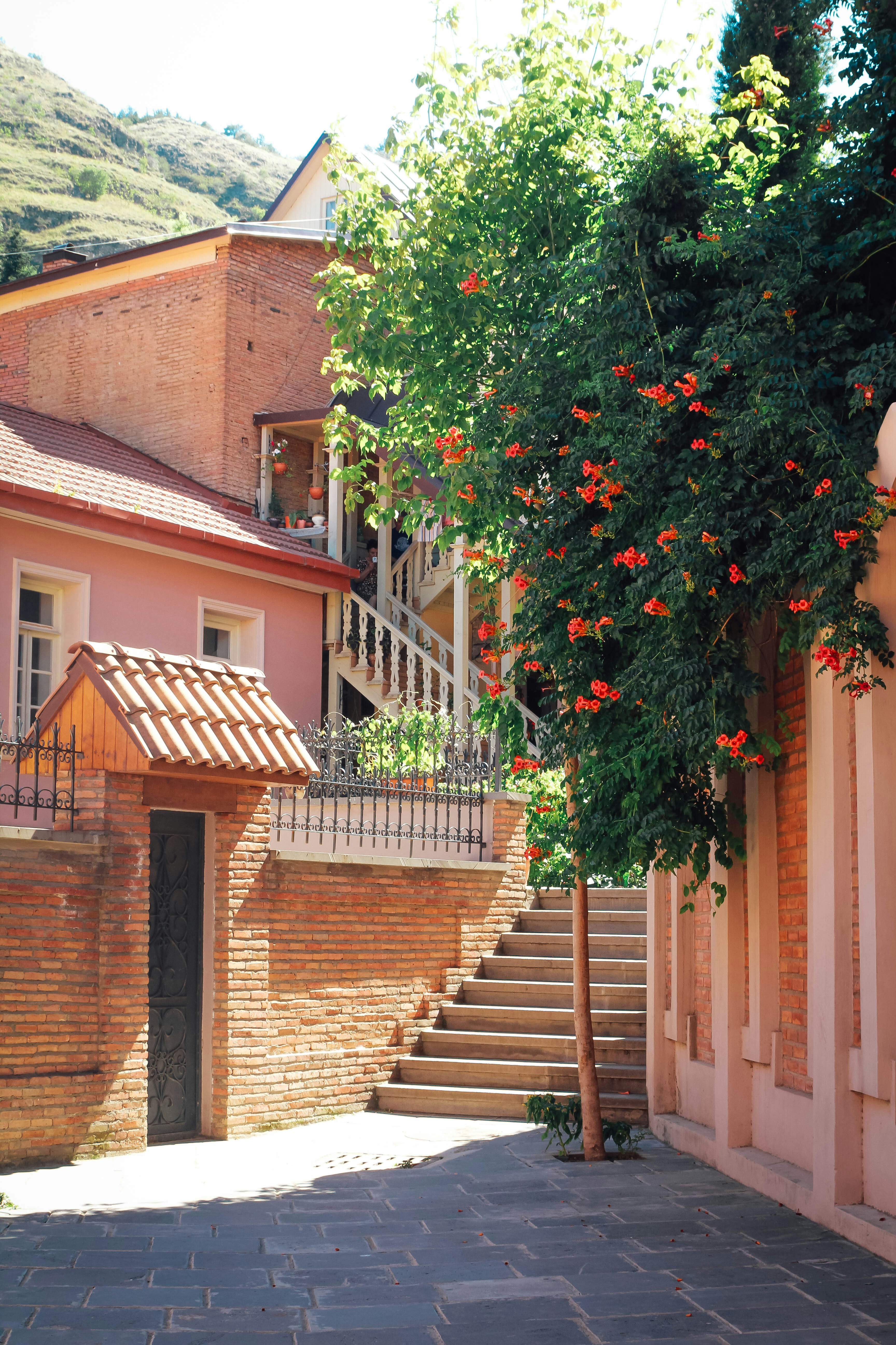Pastel Lane in Sunlight: A Brick Staircase Framed by a Crimson Bougainvillea Tree