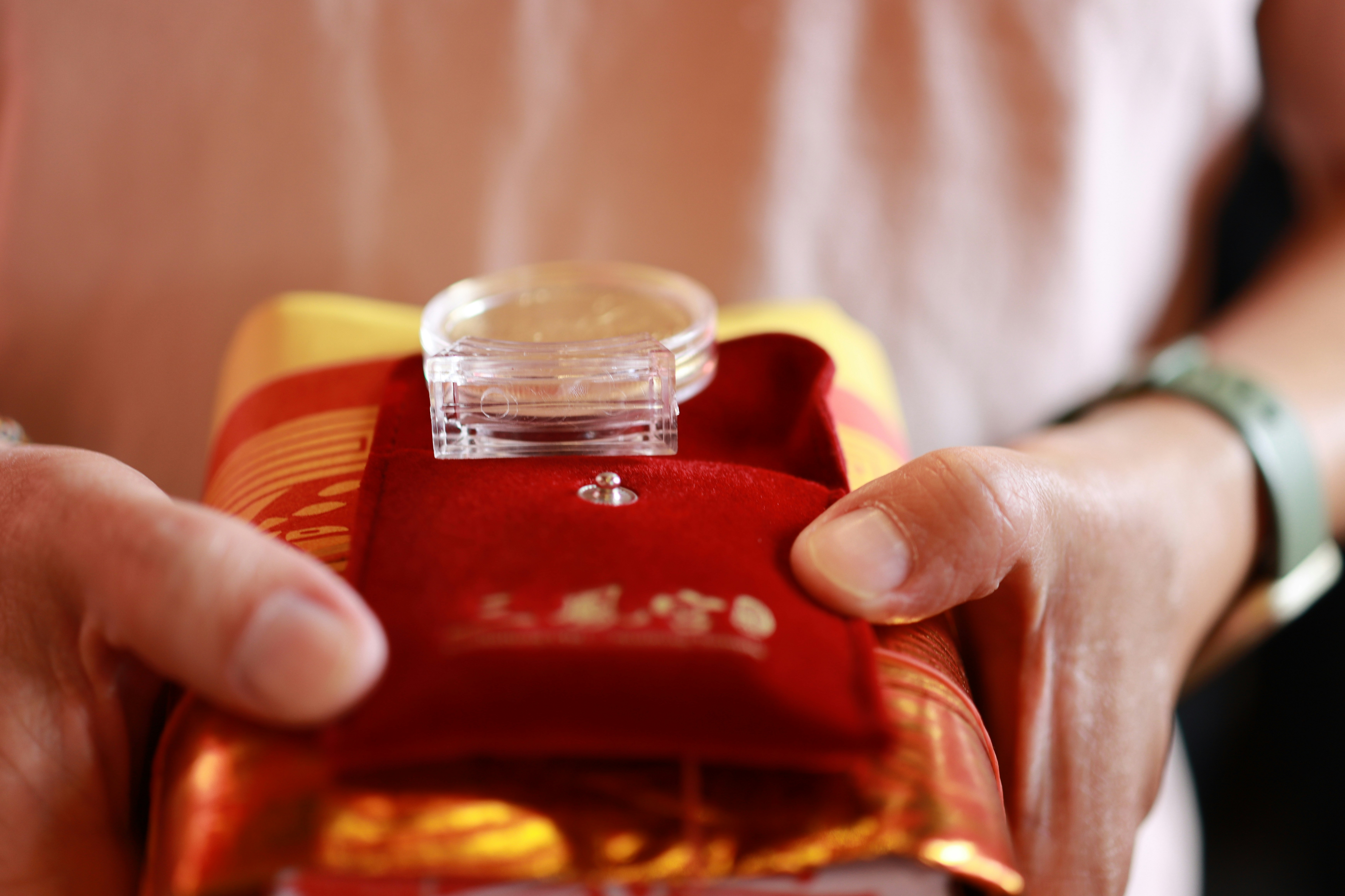 Macro Moment: Crisp Red Capsule with a Clear Cap Gripped Between Gentle Fingers