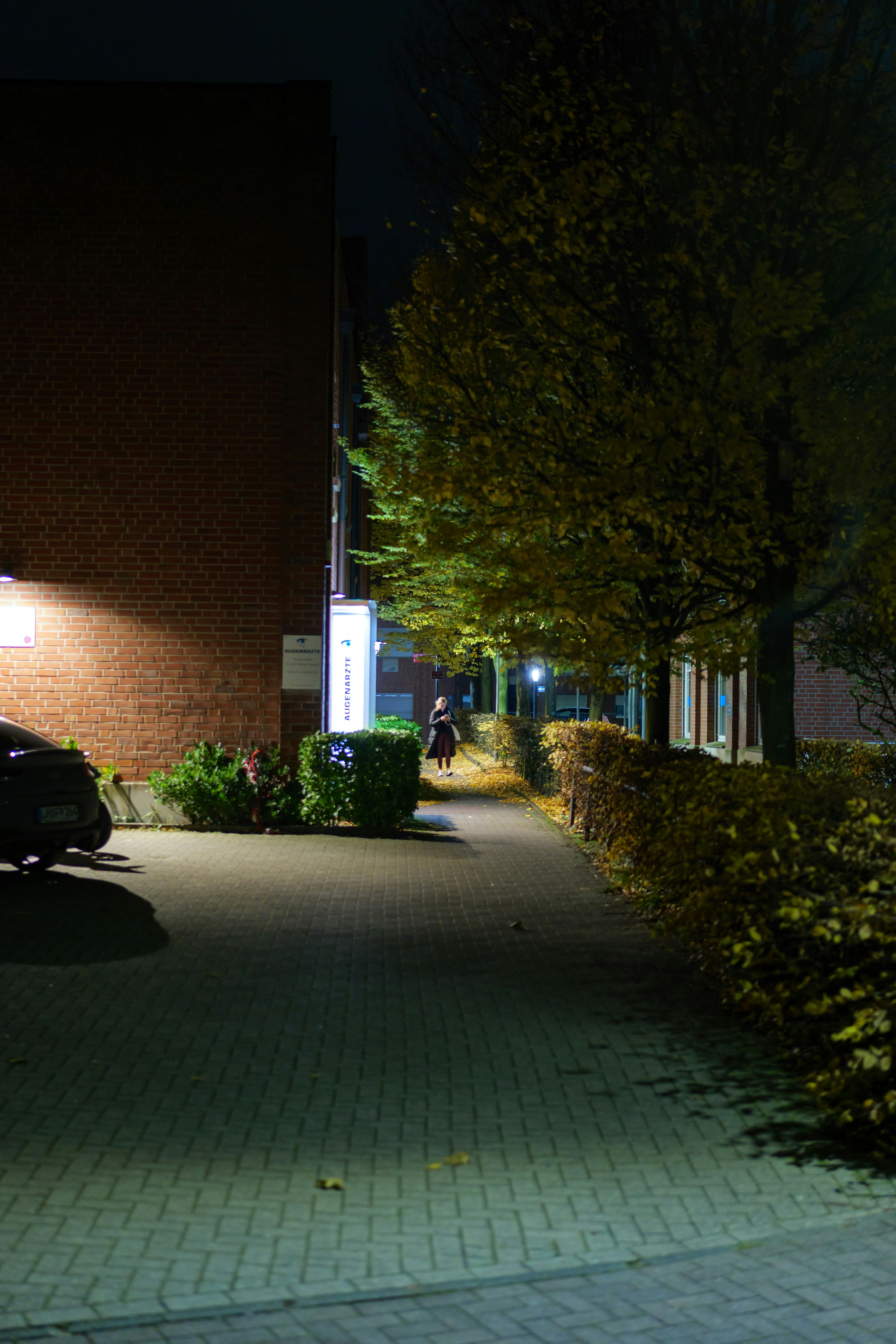 Amber-lit Solitude: A Lone Figure on a Nocturnal Campus Walkway