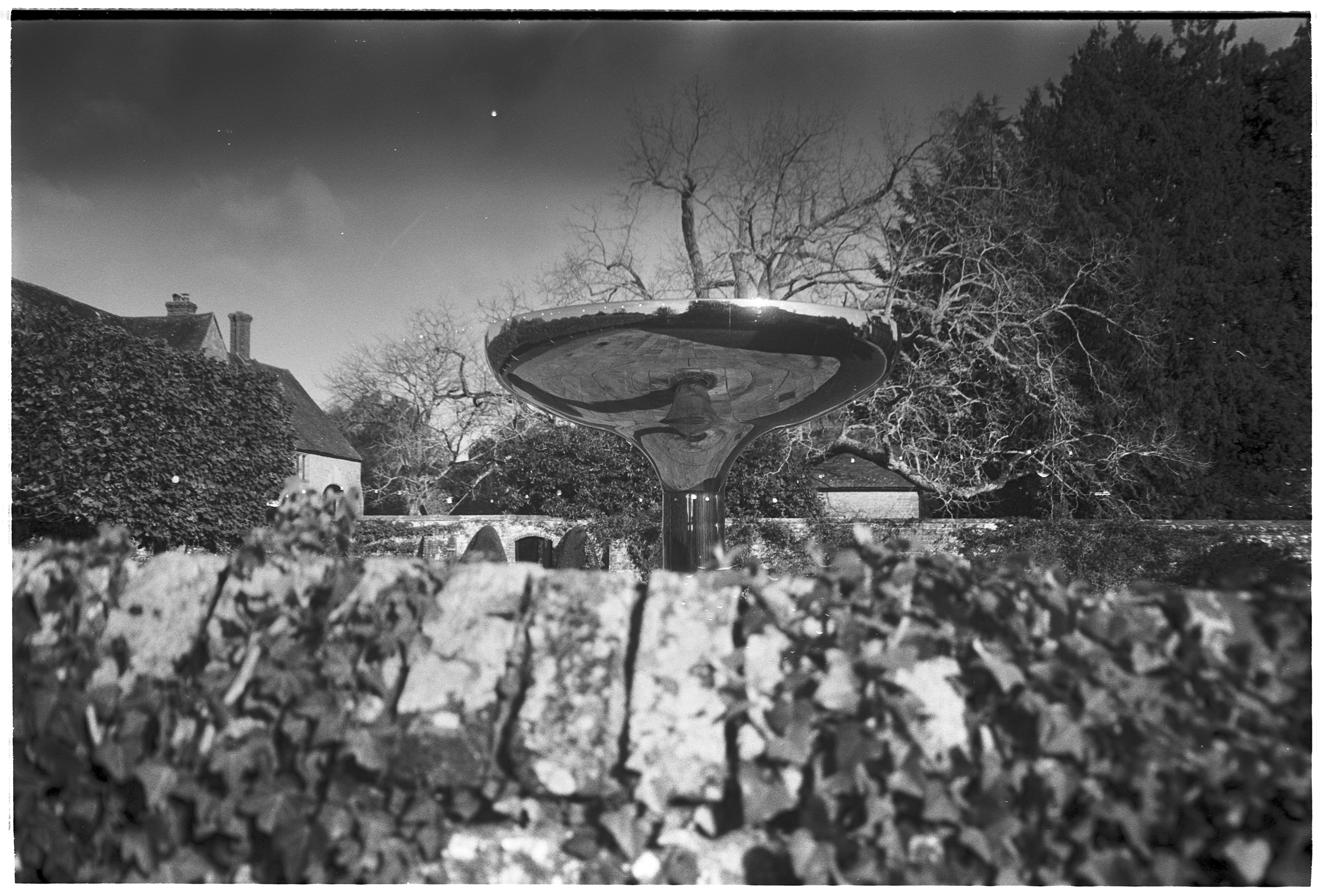 Monochrome Stillness: The Circular Fountain in a Winter Garden