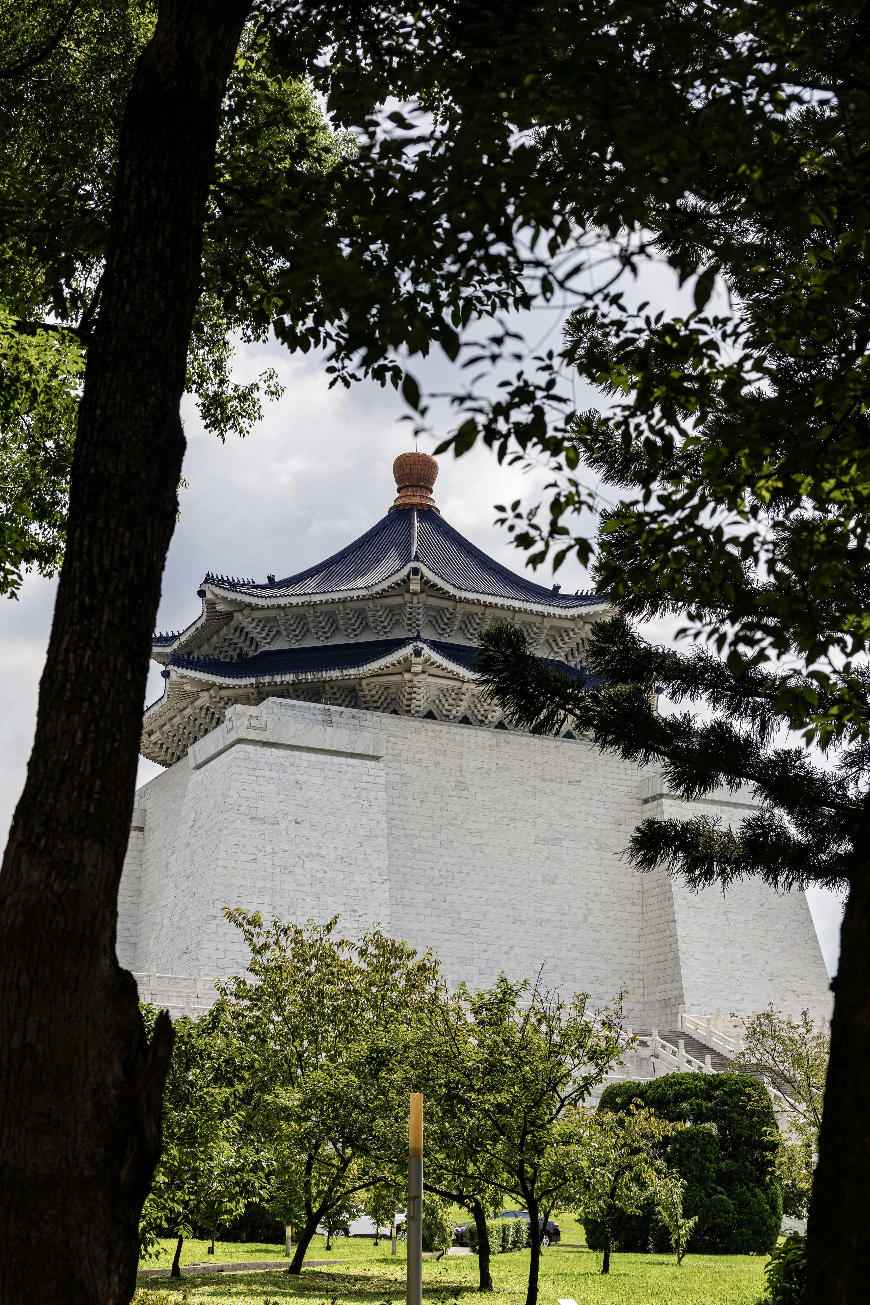 White Walls, Blue Roof: A Pagoda Framed by a Quiet Green Canopy