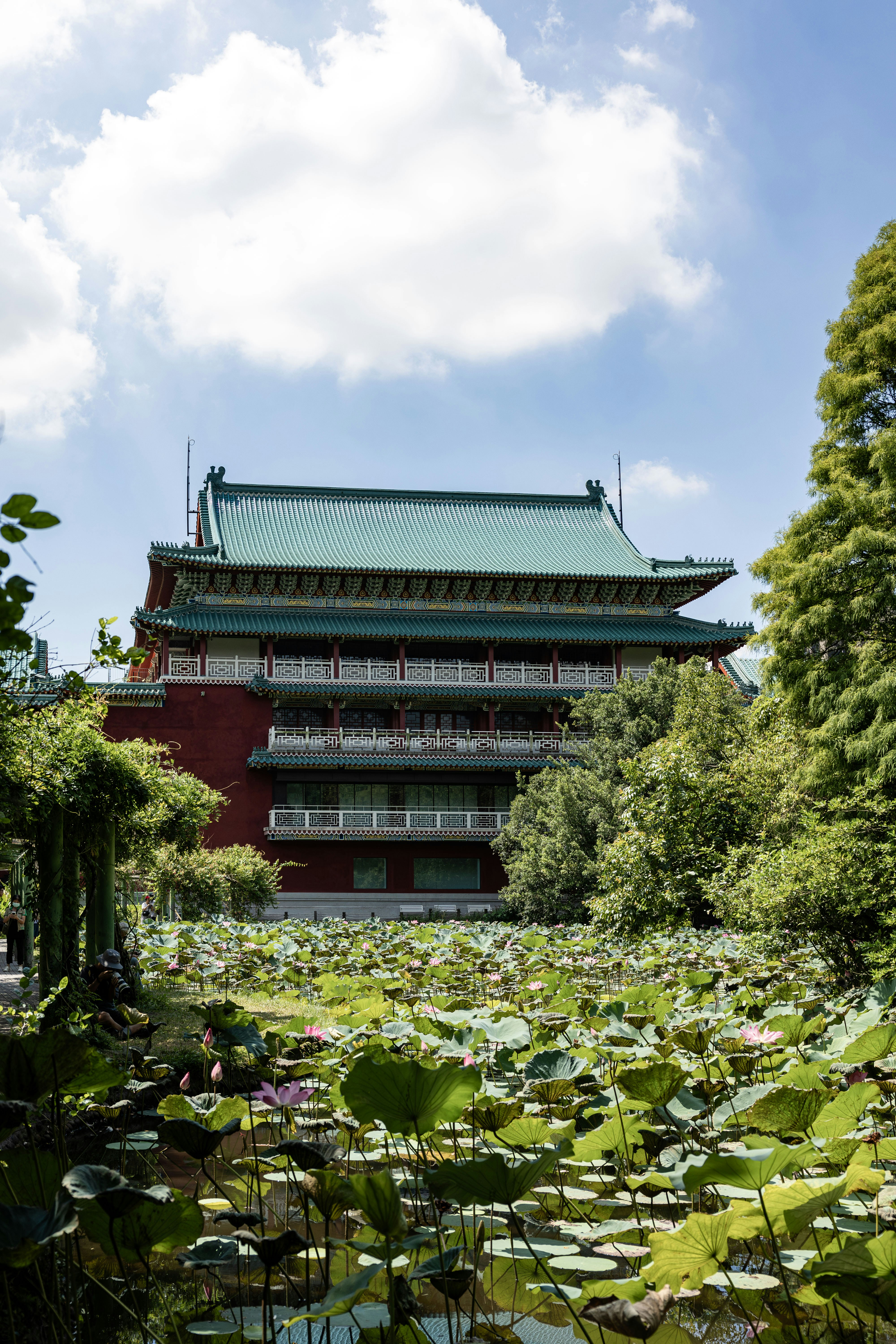 Green-Tiled Pagoda Framed by a Lotus-Pond Garden