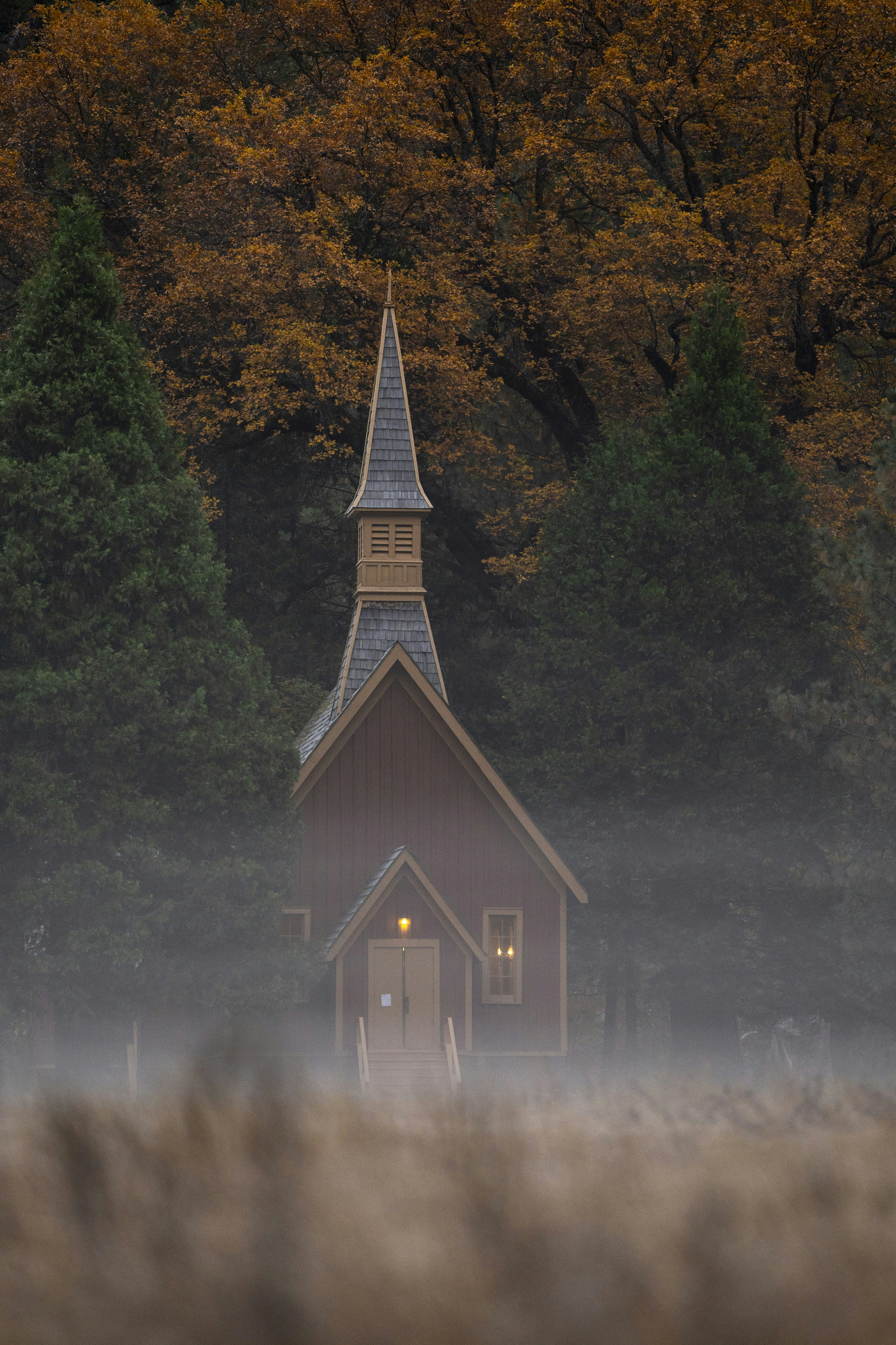 Steeple Rising Through Autumn Mist: A Quiet Chapel Between Pines