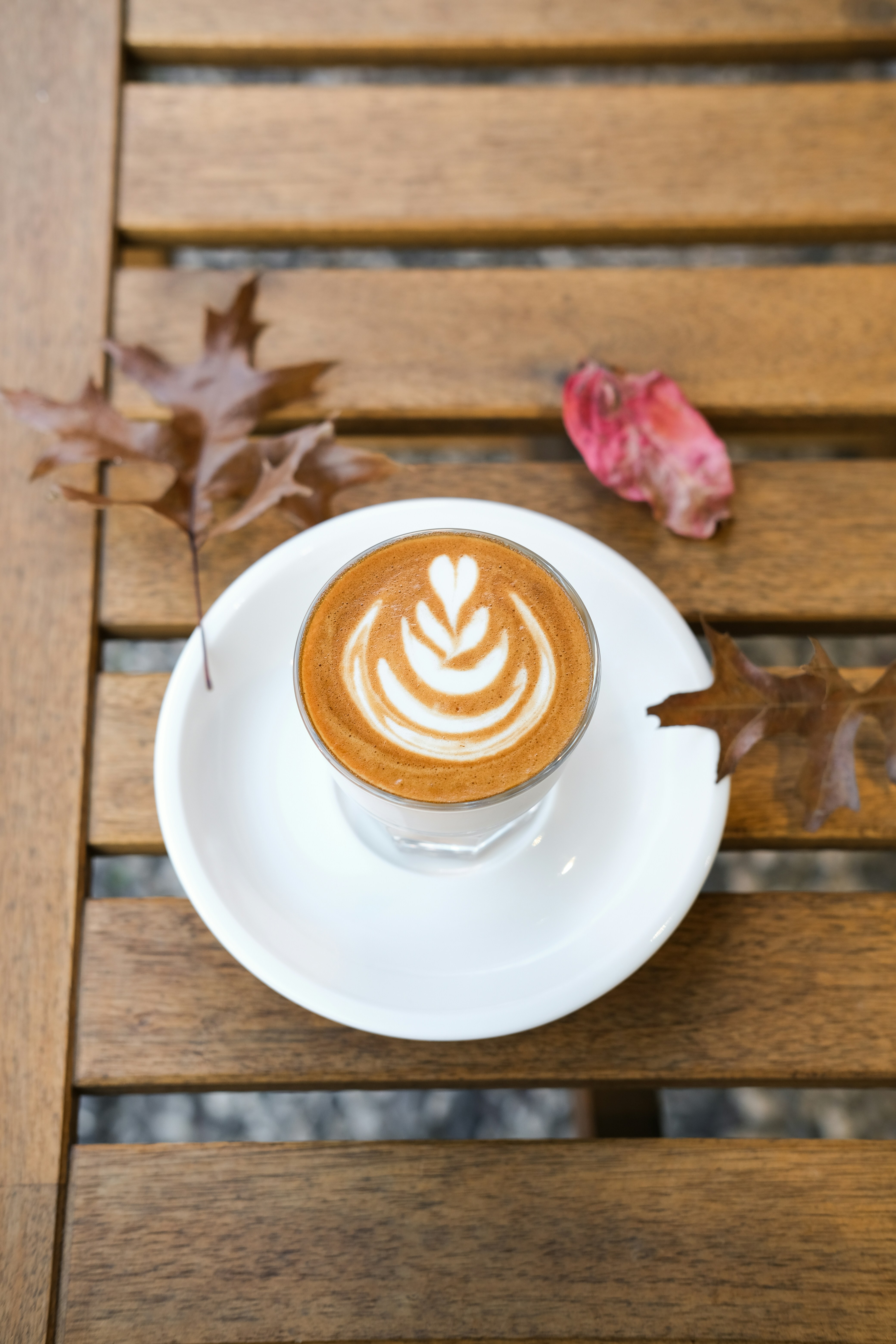 Centered Latte Rosette on a Slatted Wood Table Amid Autumn Leaves