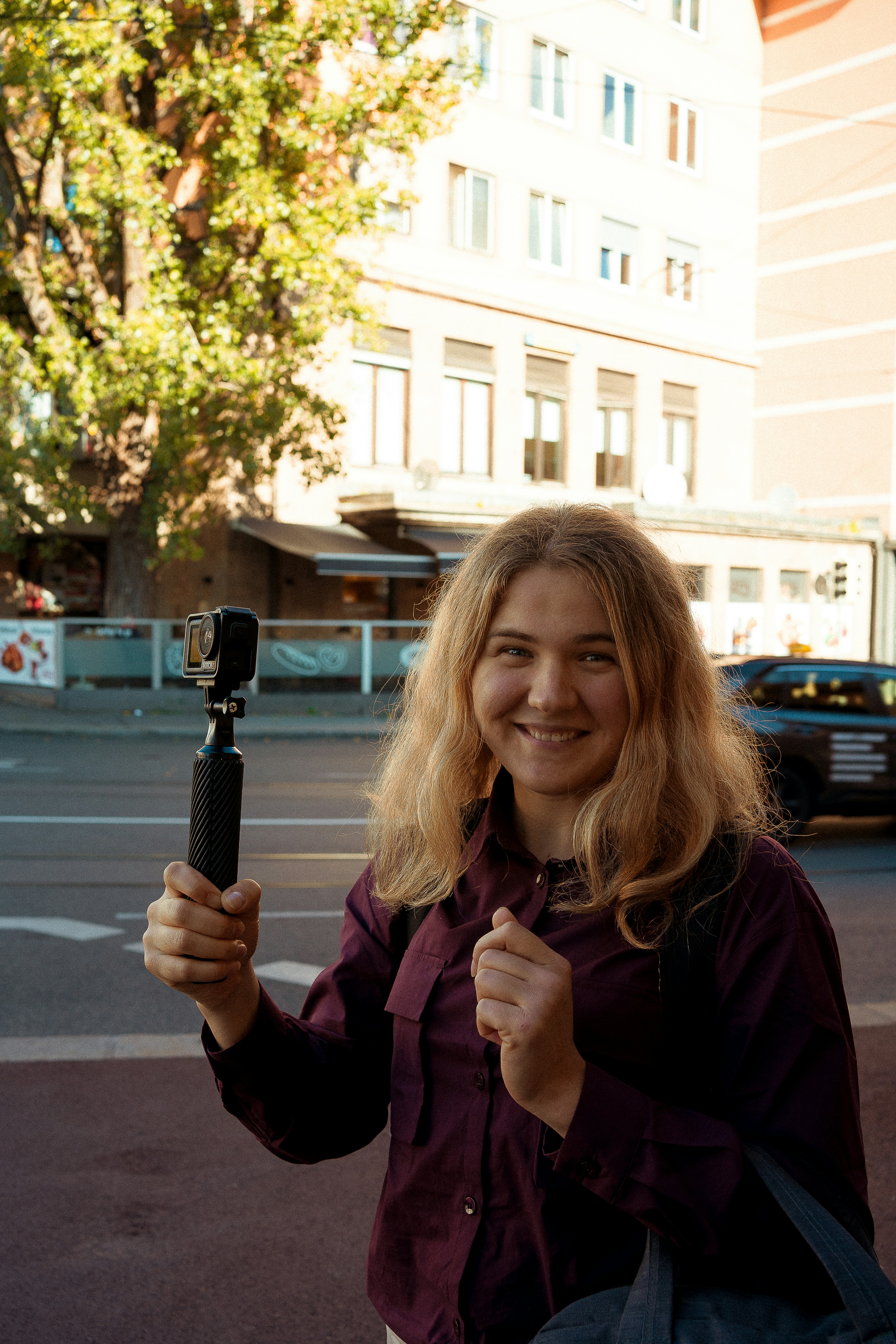 Sunlit Street Selfie with a GoPro Grip