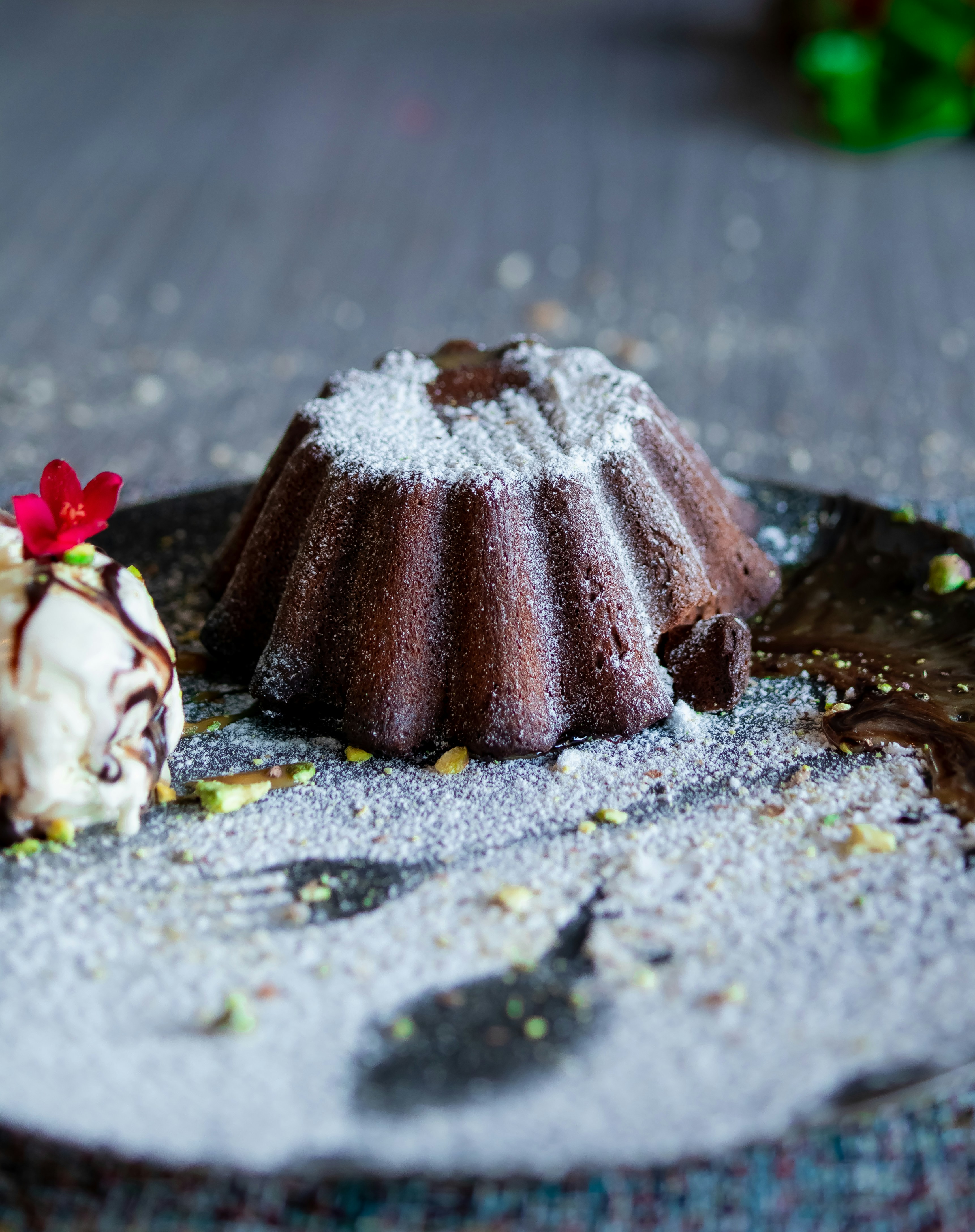 Snow-Dusted Chocolate Fluted Dome with Velvet Ice Cream and Floral Accent