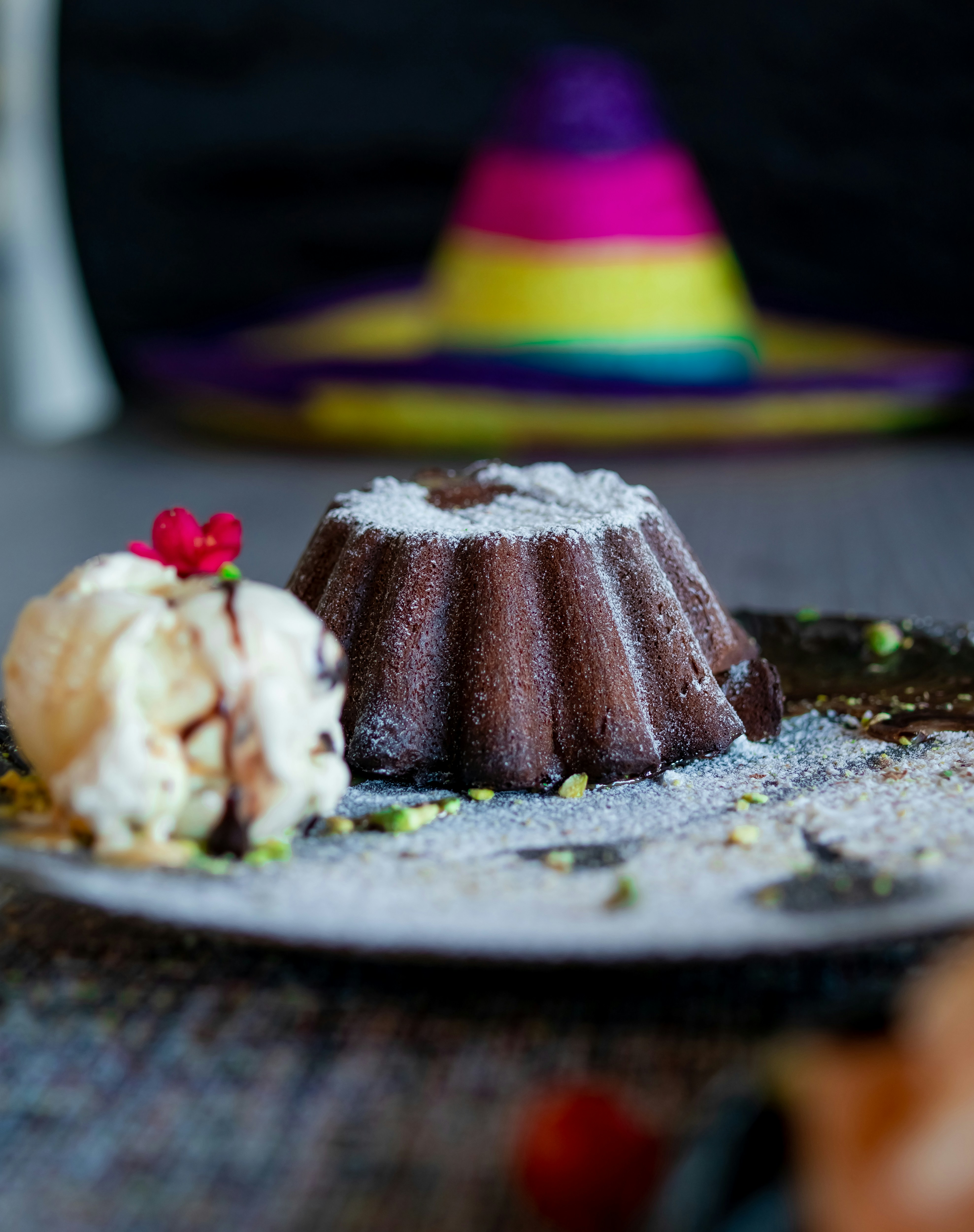 Charmed by Chocolate: Lava Cake, Vanilla Scoop, and a Rainbow Fiesta in Soft Focus