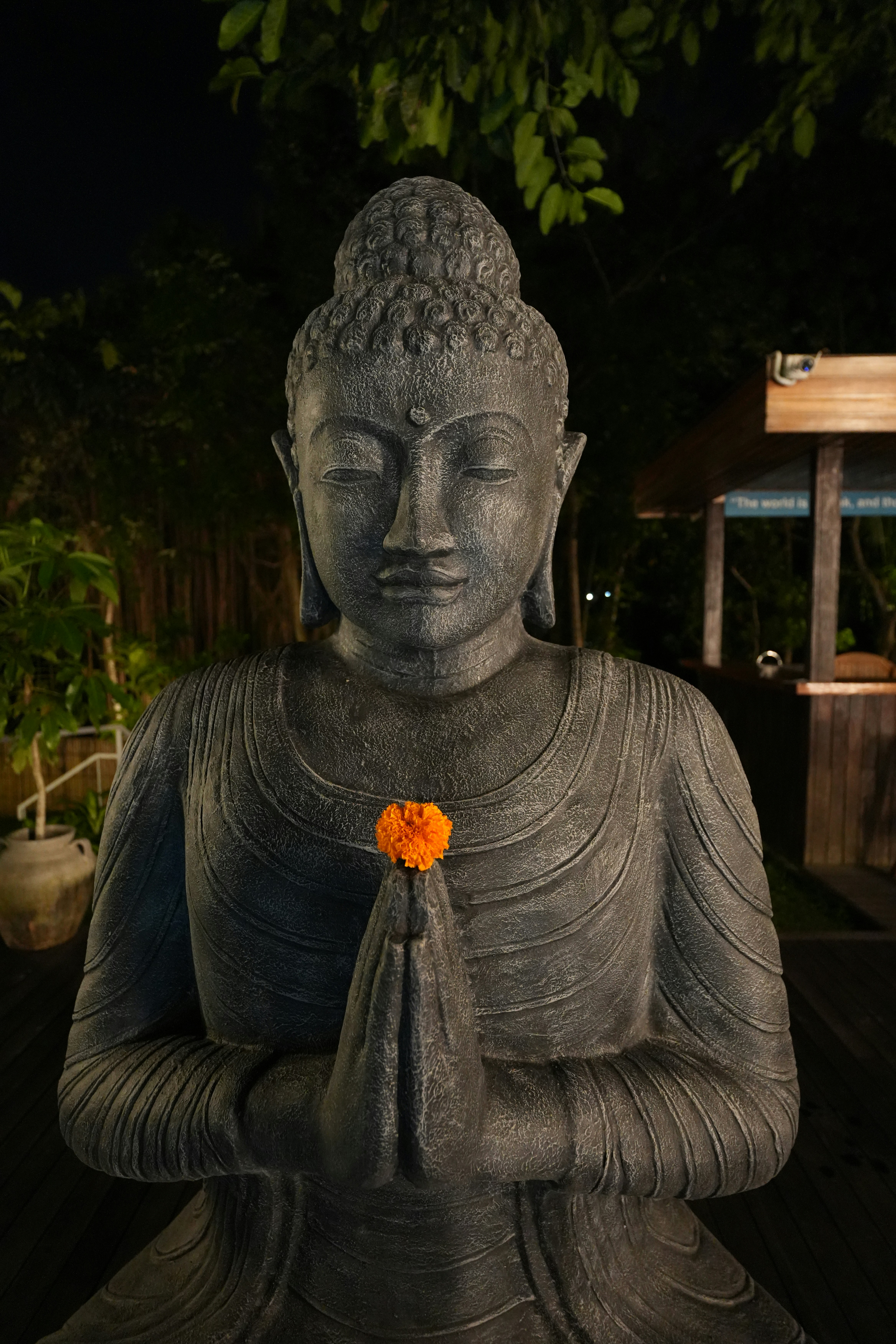 Nocturnal Serenity: A Buddha Statue Illuminated by a Single Orange Blossom