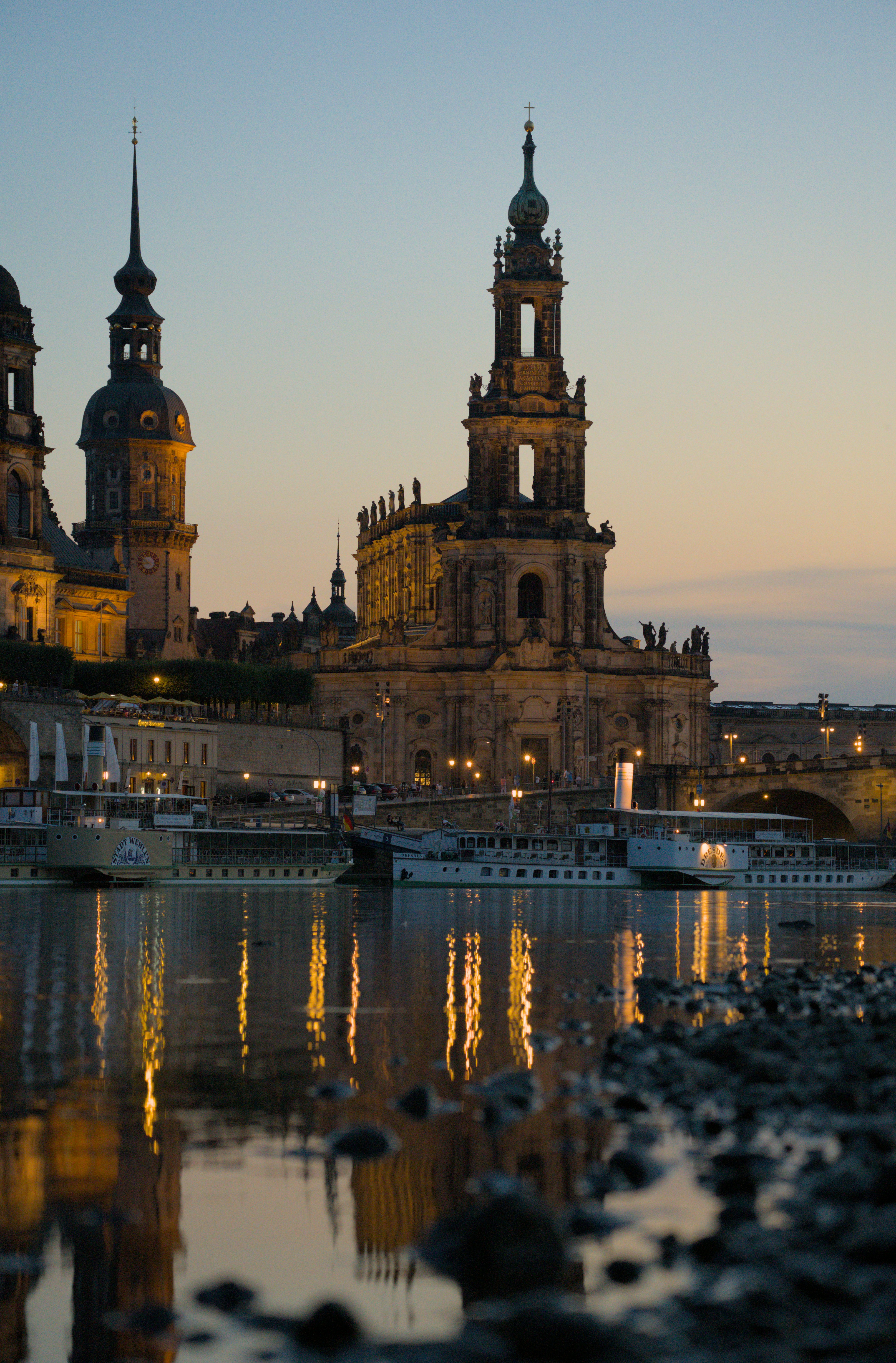 sunset at the river Elbe and the historic city of Dresden