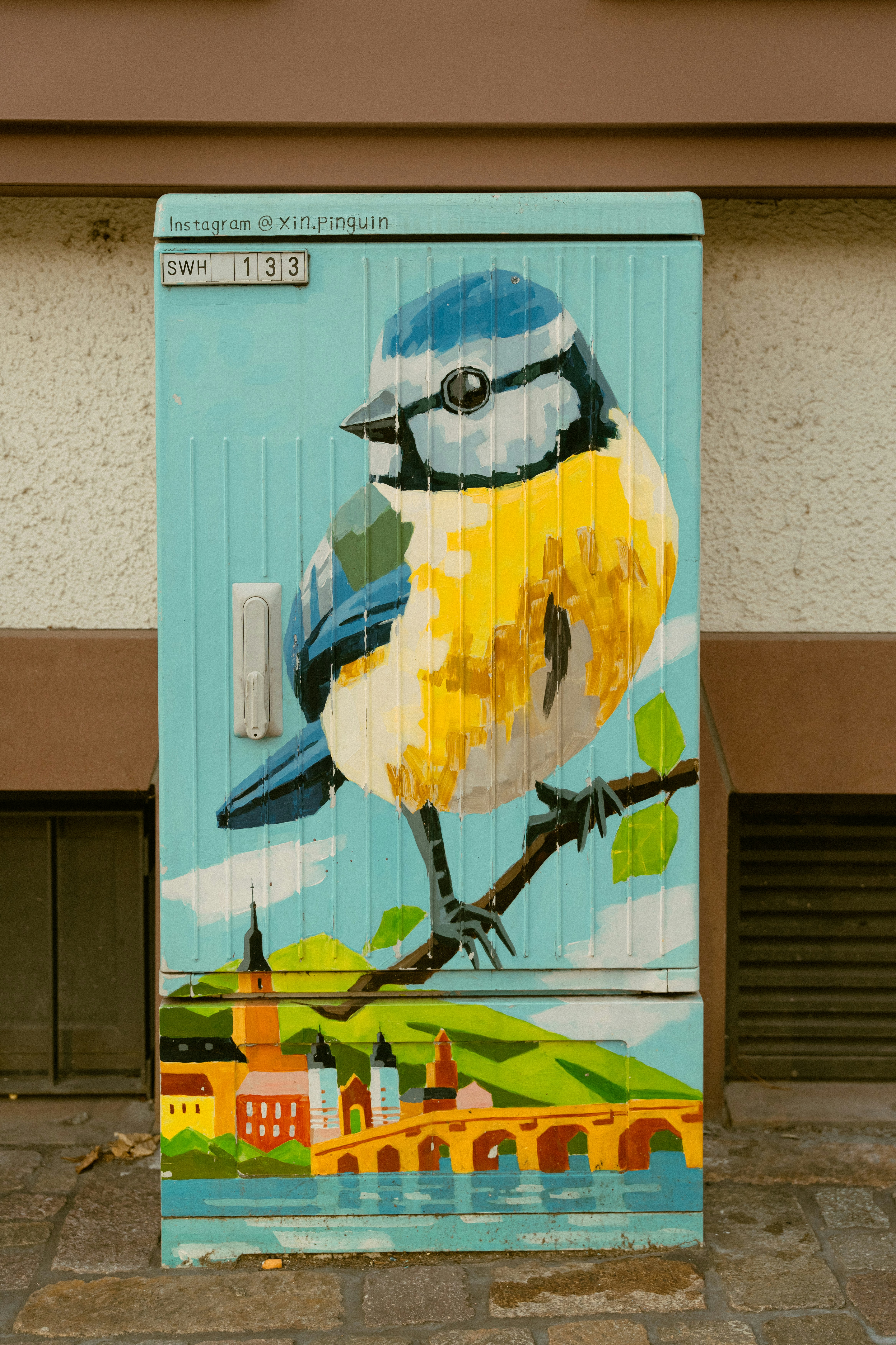 Blue Tit on a Painted Utility Box: Urban Color, Riverside Bridge, and Sunny Fields