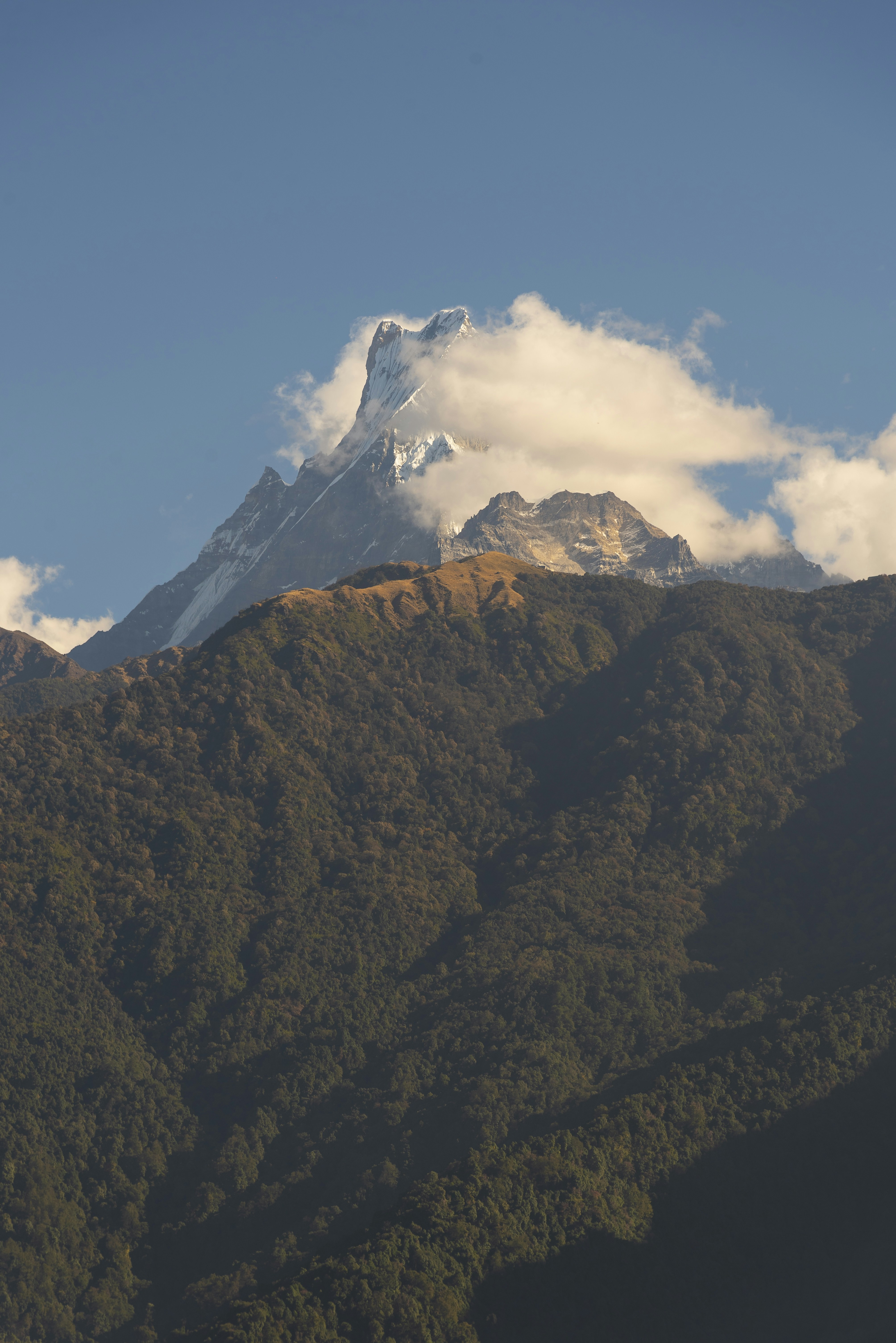 Snow-capped mountain peak emerges from clouds photo – Free Mountain ...