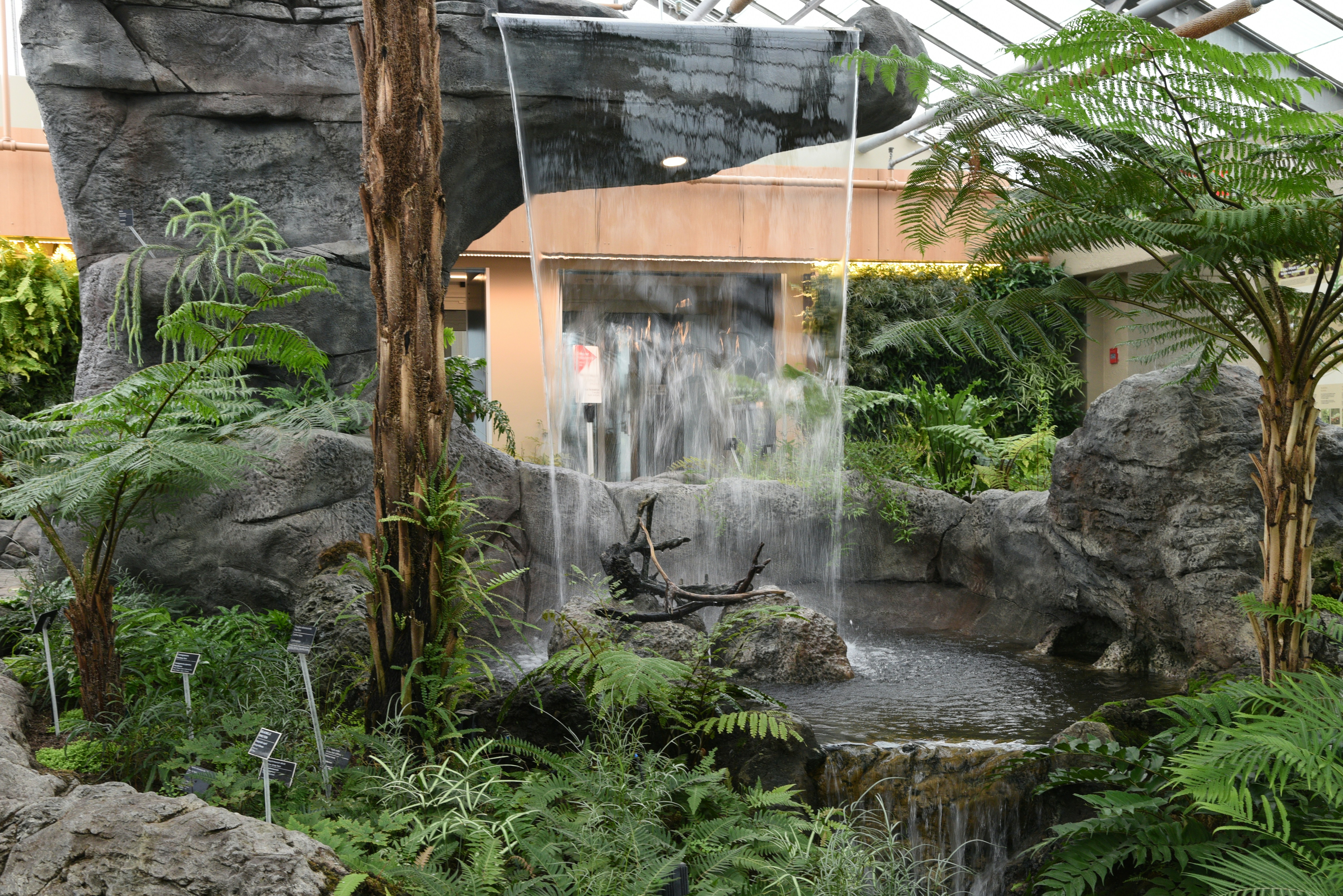Glass Cascade in a Verdant Atrium