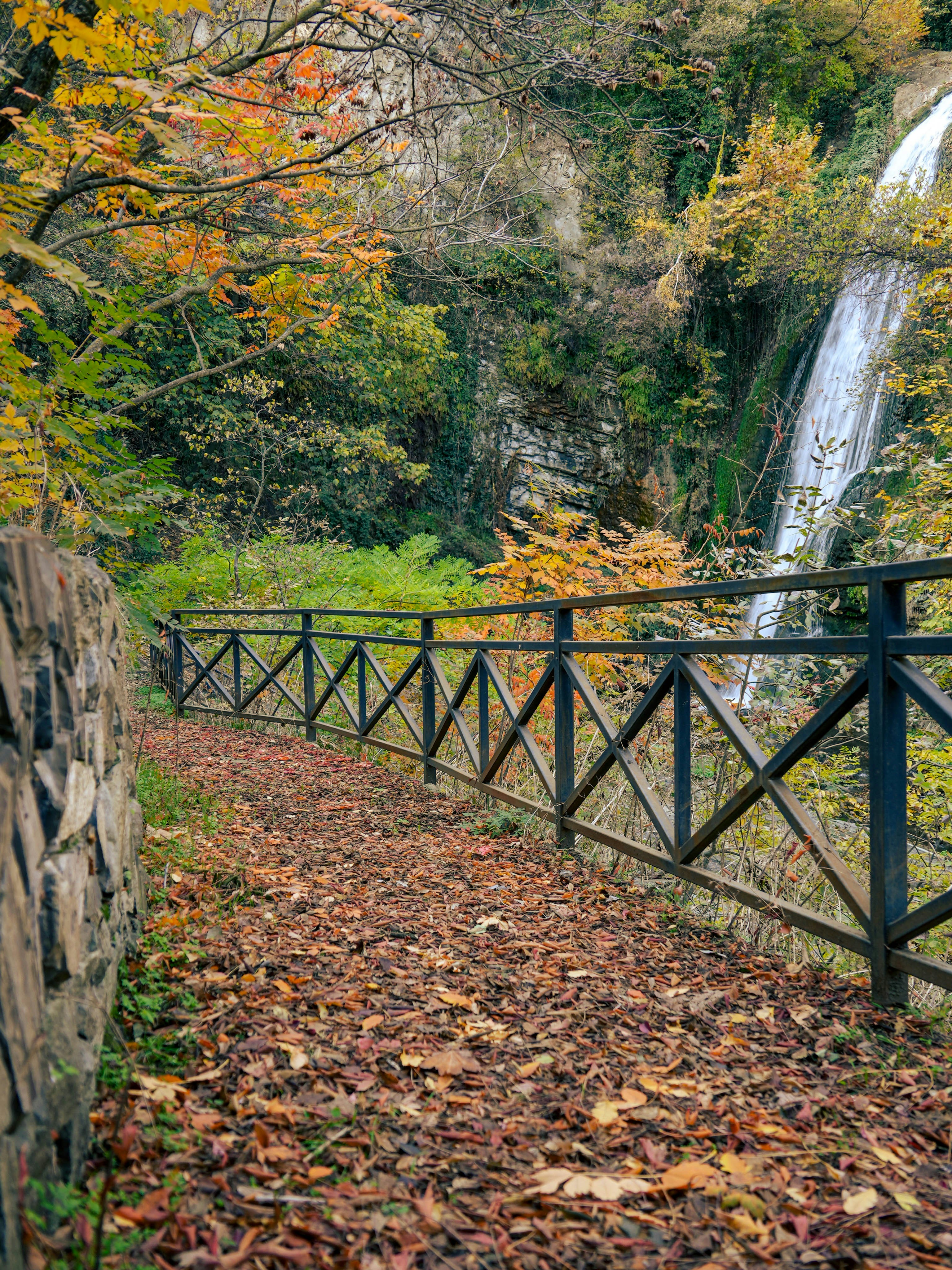 Leaf-Littered Promenade Toward a Hidden Waterfall in Autumn Gorge