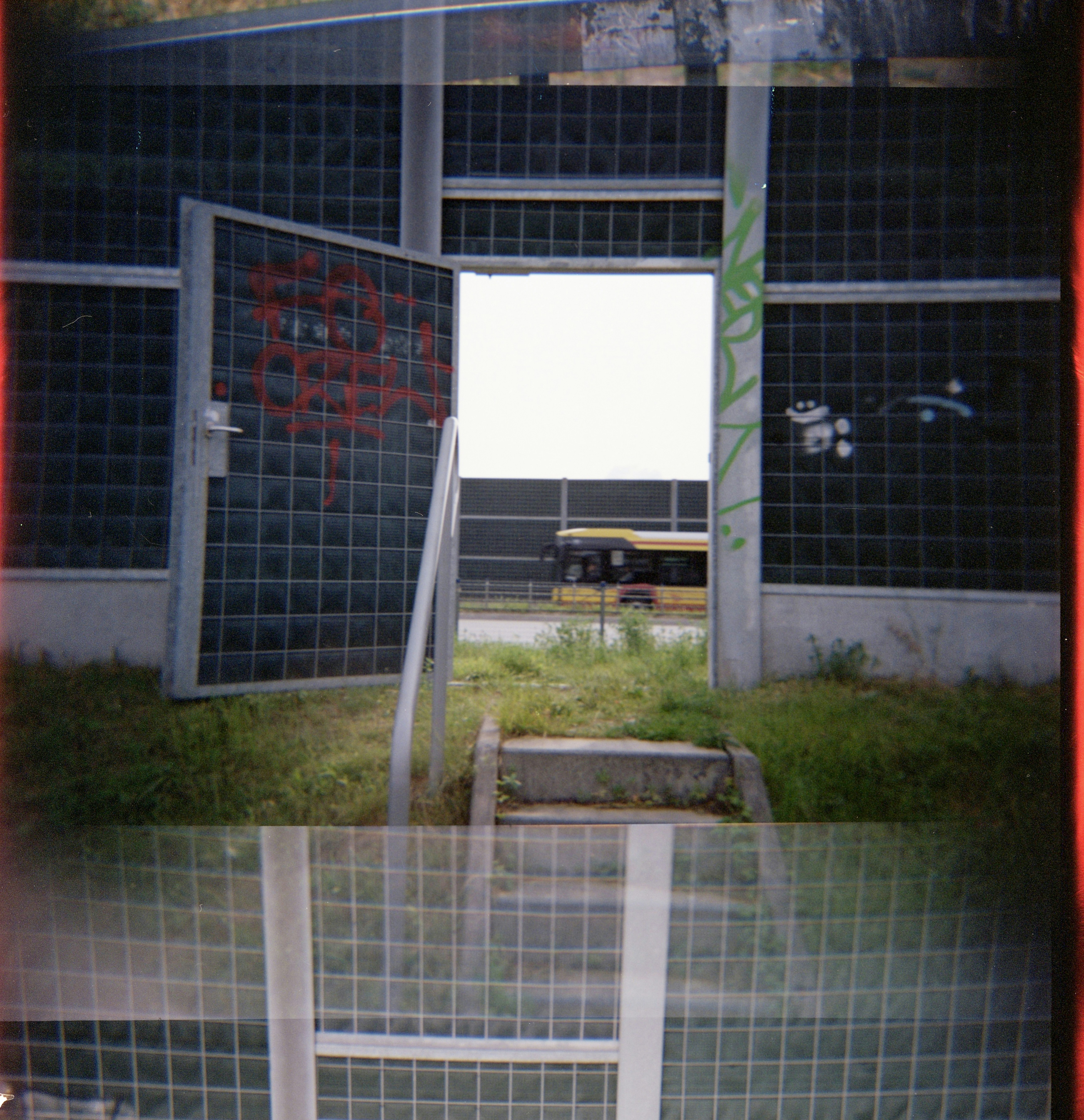 holga analog camera, bus , highway, buspass,pass,enter, emergency,exit, green
