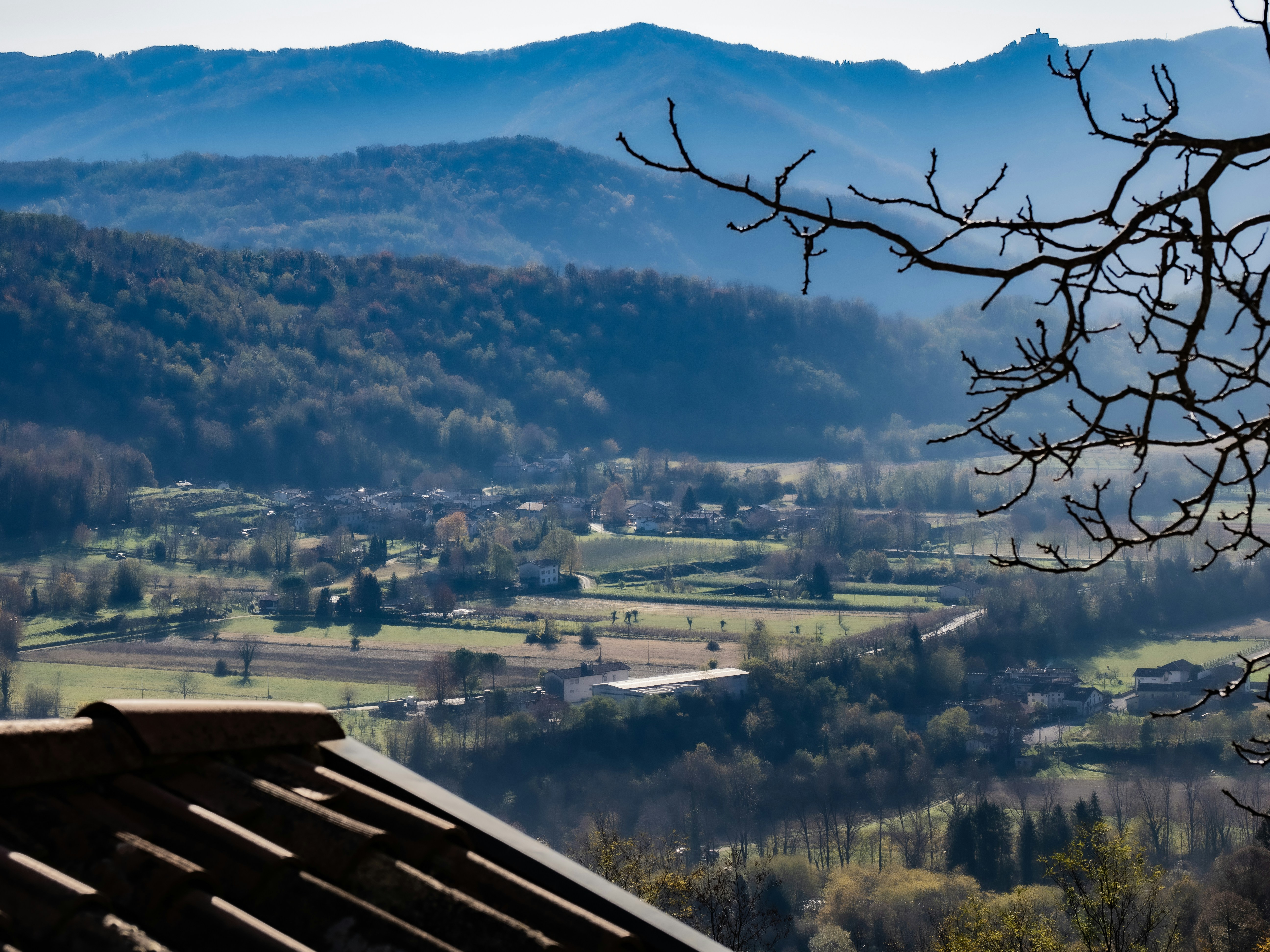 Ridge and Roofline: Valley Fields Framed by Sky and Branch