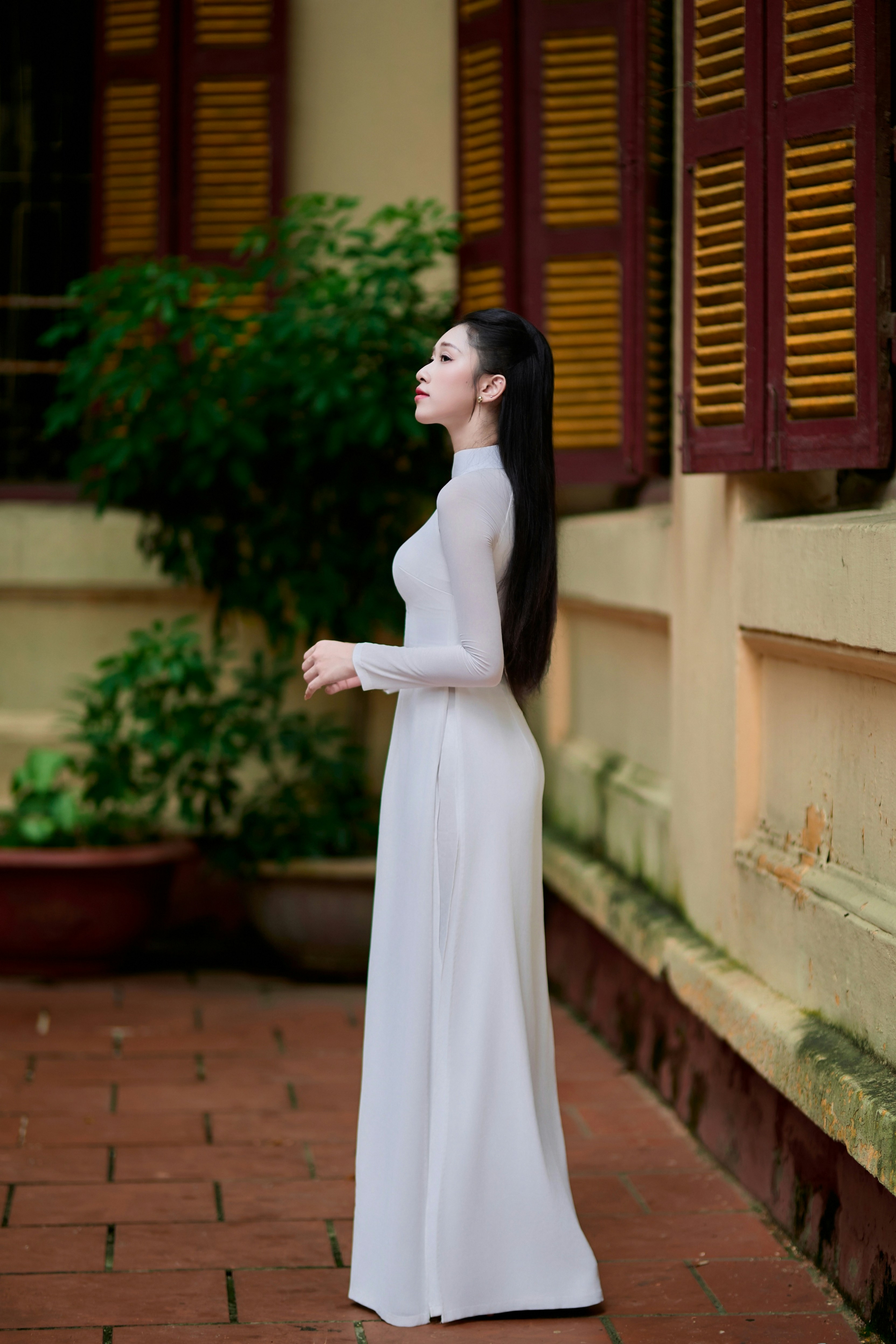 Profile in White: Poised Quietude by a Sunlit Courtyard