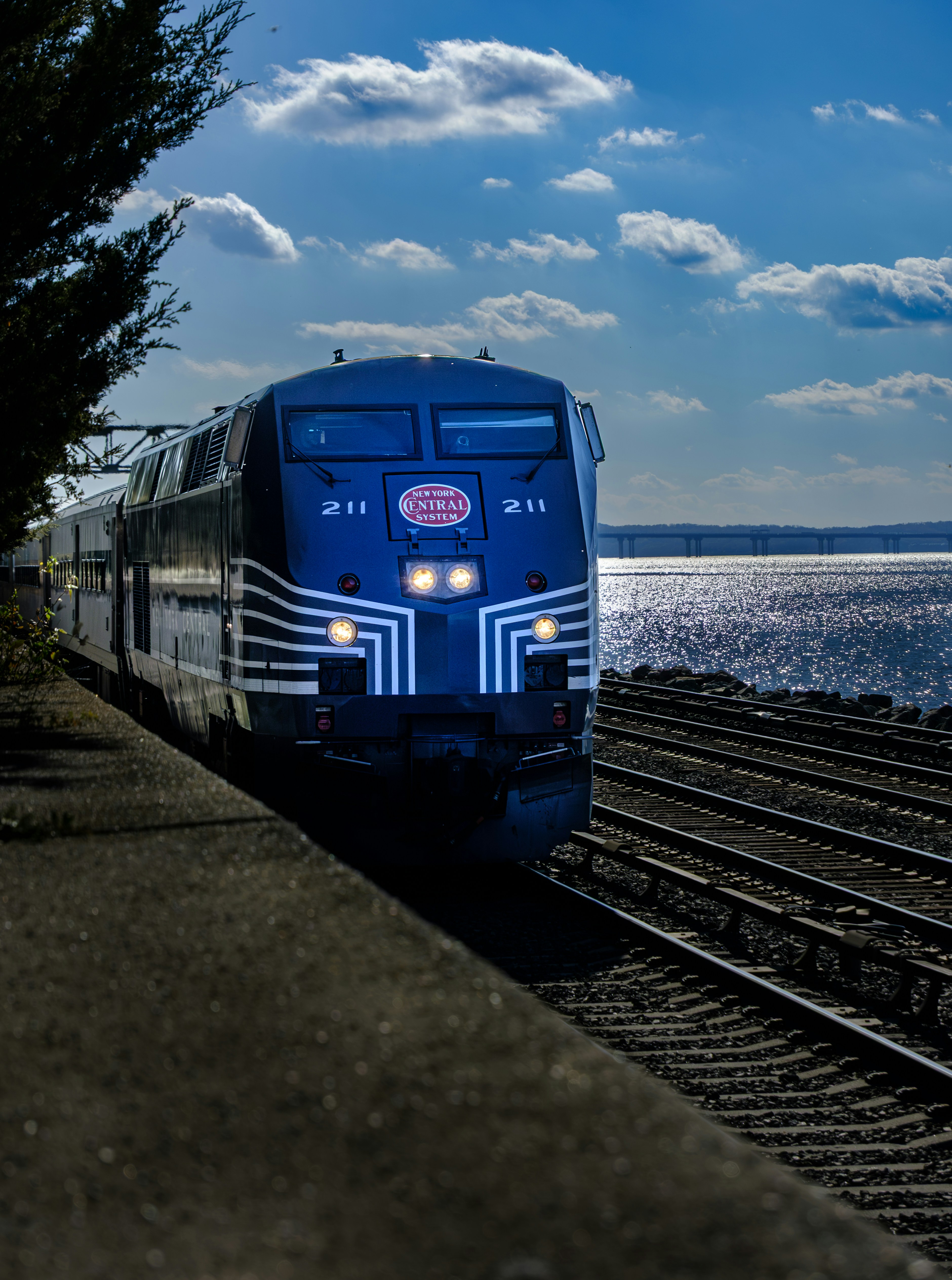 Blue Locomotive at the Lakeside: A Front-View Portrait on Sunlit Rails