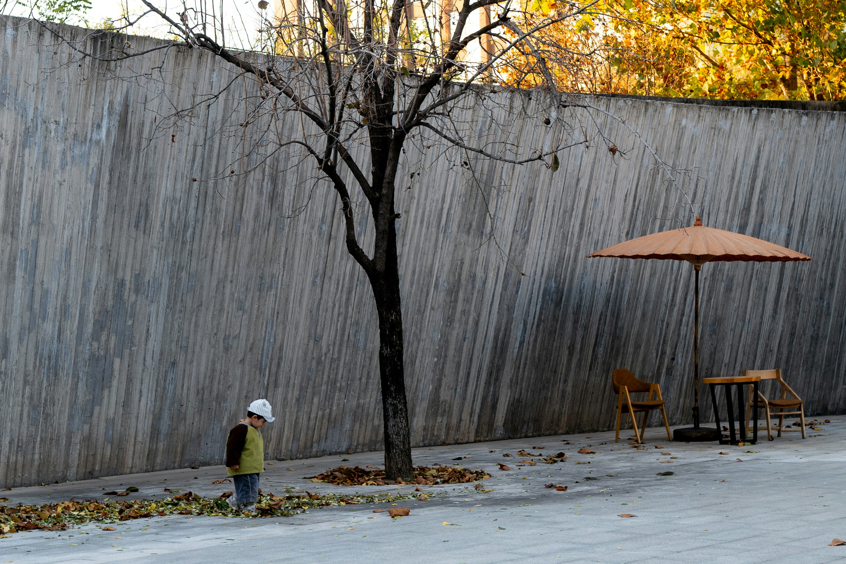 Autumn Quiet on the Perimeter: A Child, a Fence, and an Orange Umbrella