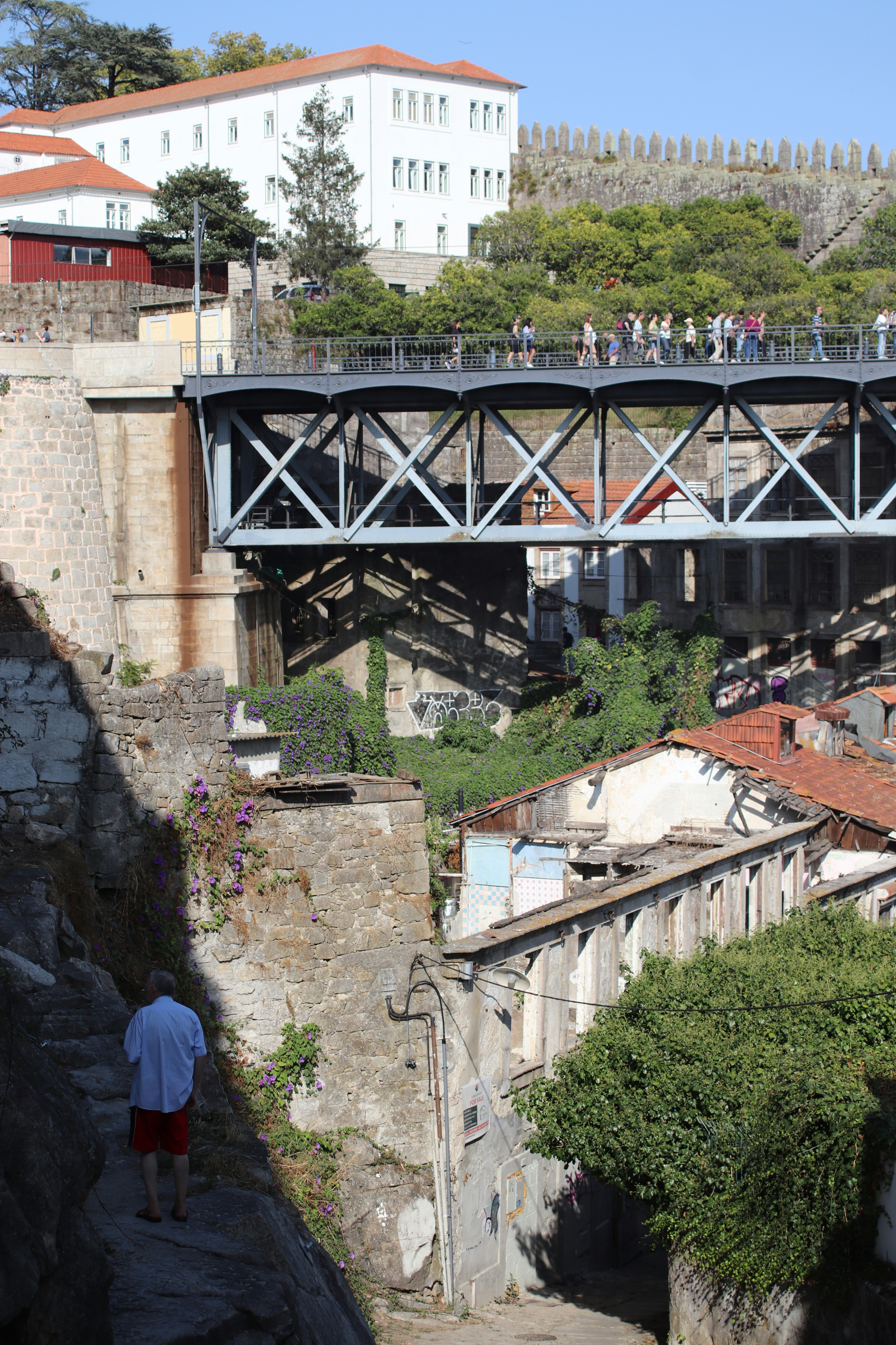 Crossing the Iron Divide: Pedestrians on a City Bridge Above Timeworn Streets