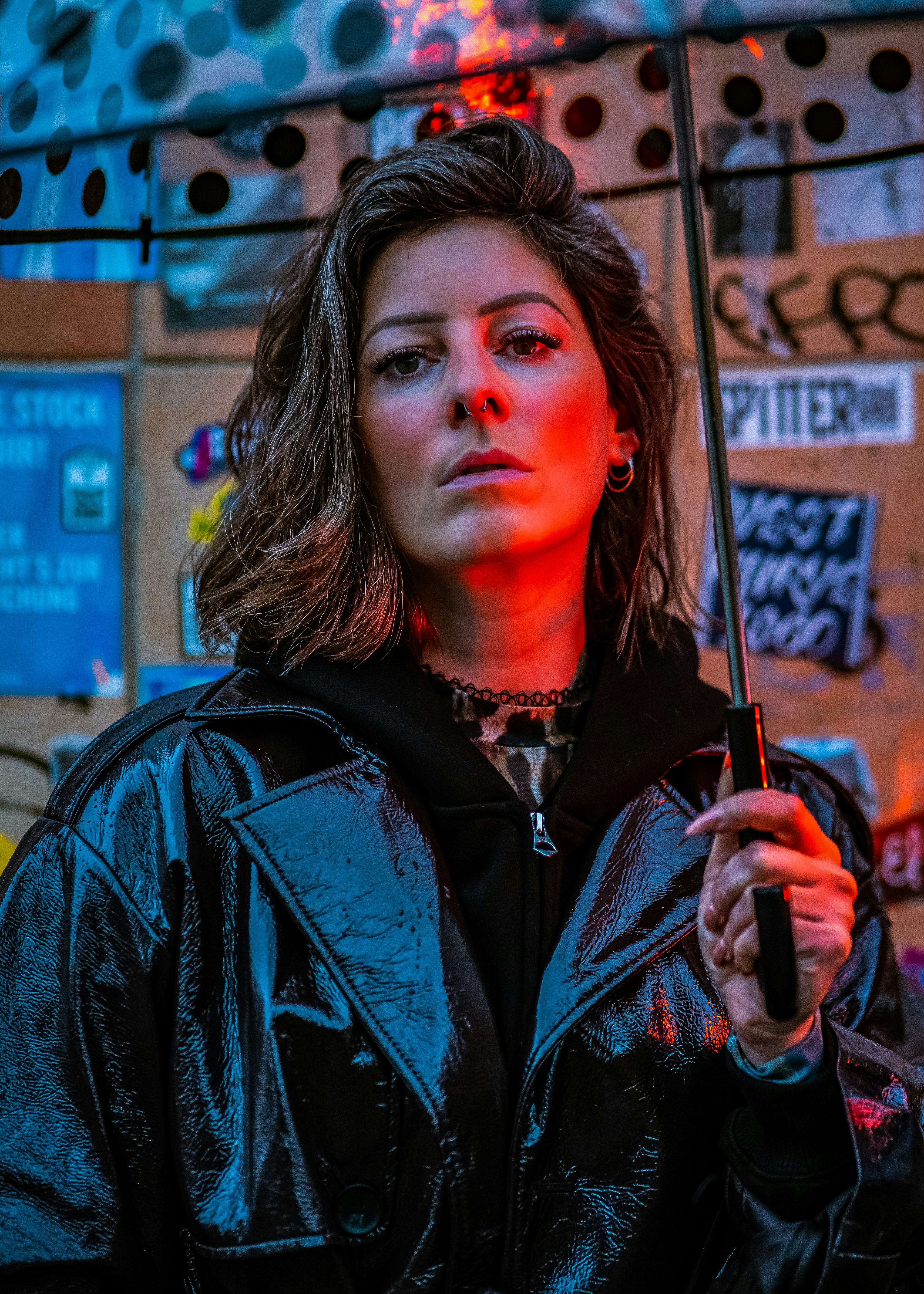 Neon Rain and Steel Gaze: A Night Portrait Under Urban Lights