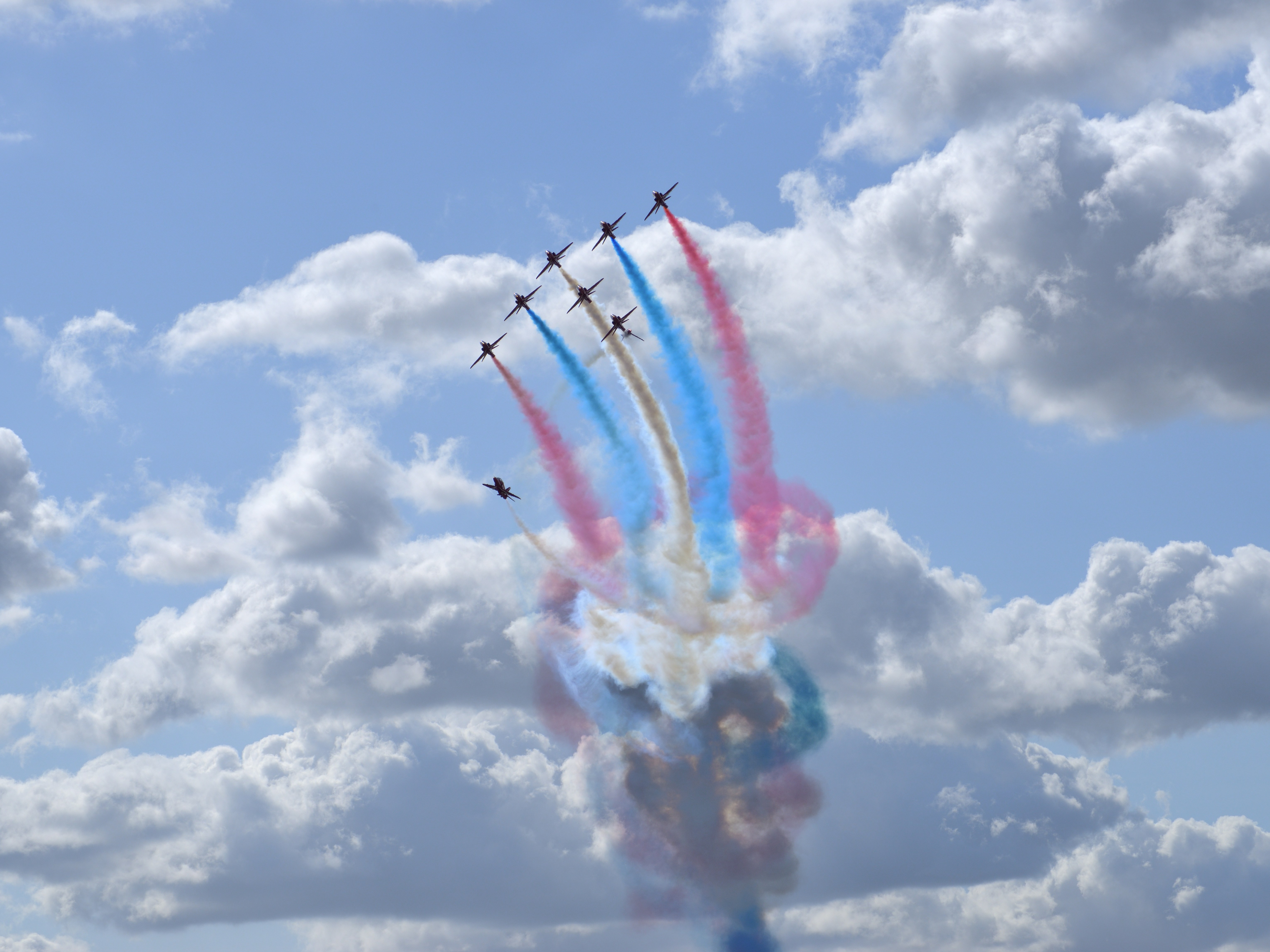 The Red Arrows, the world-famous display team of the Royal Air Force, soar over Roskilde Airport during the Roskilde Airshow 2025.