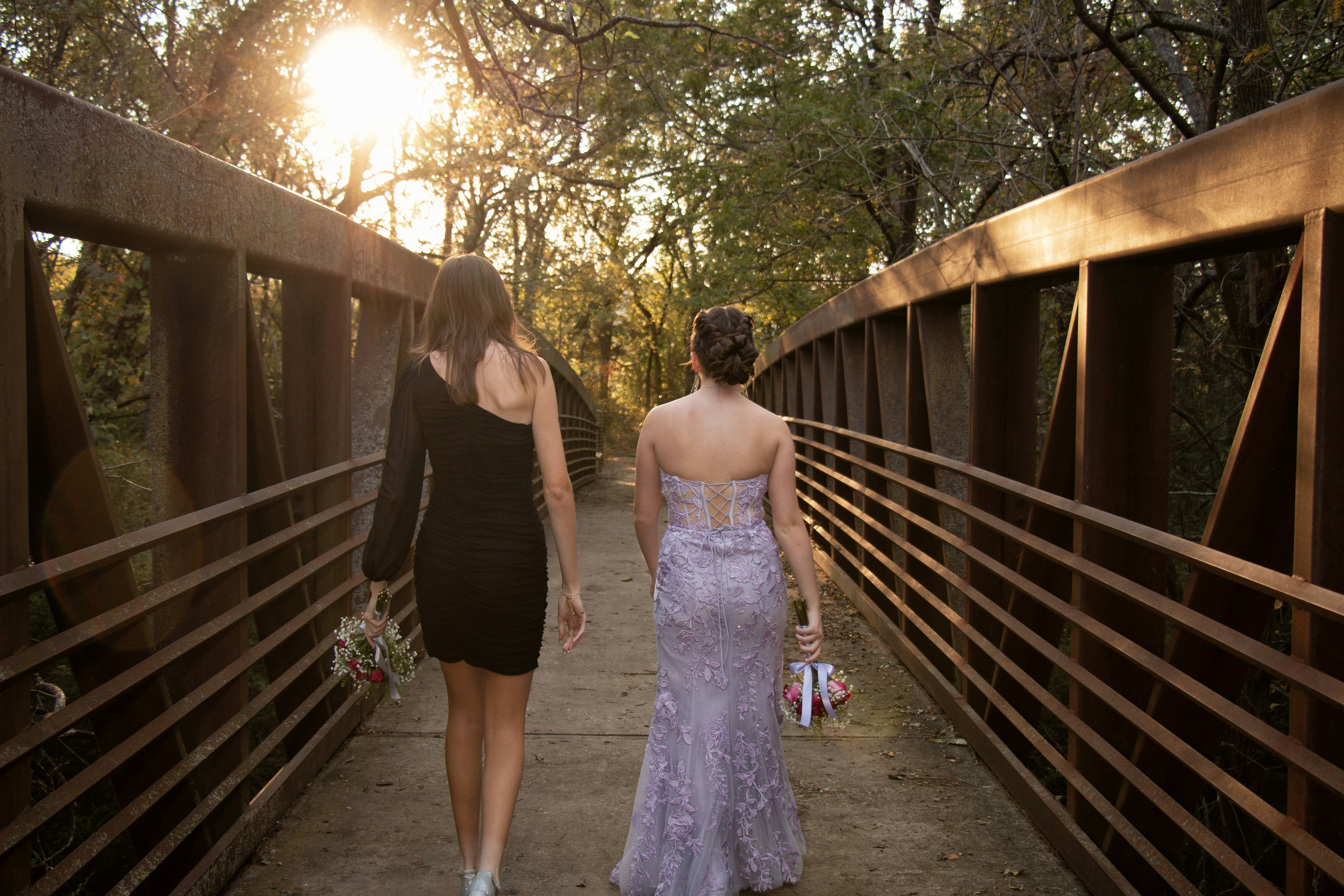 homecoming, high school, teenage girls, dresses, bridge, trees, sun, flowers, girls, teenagers
