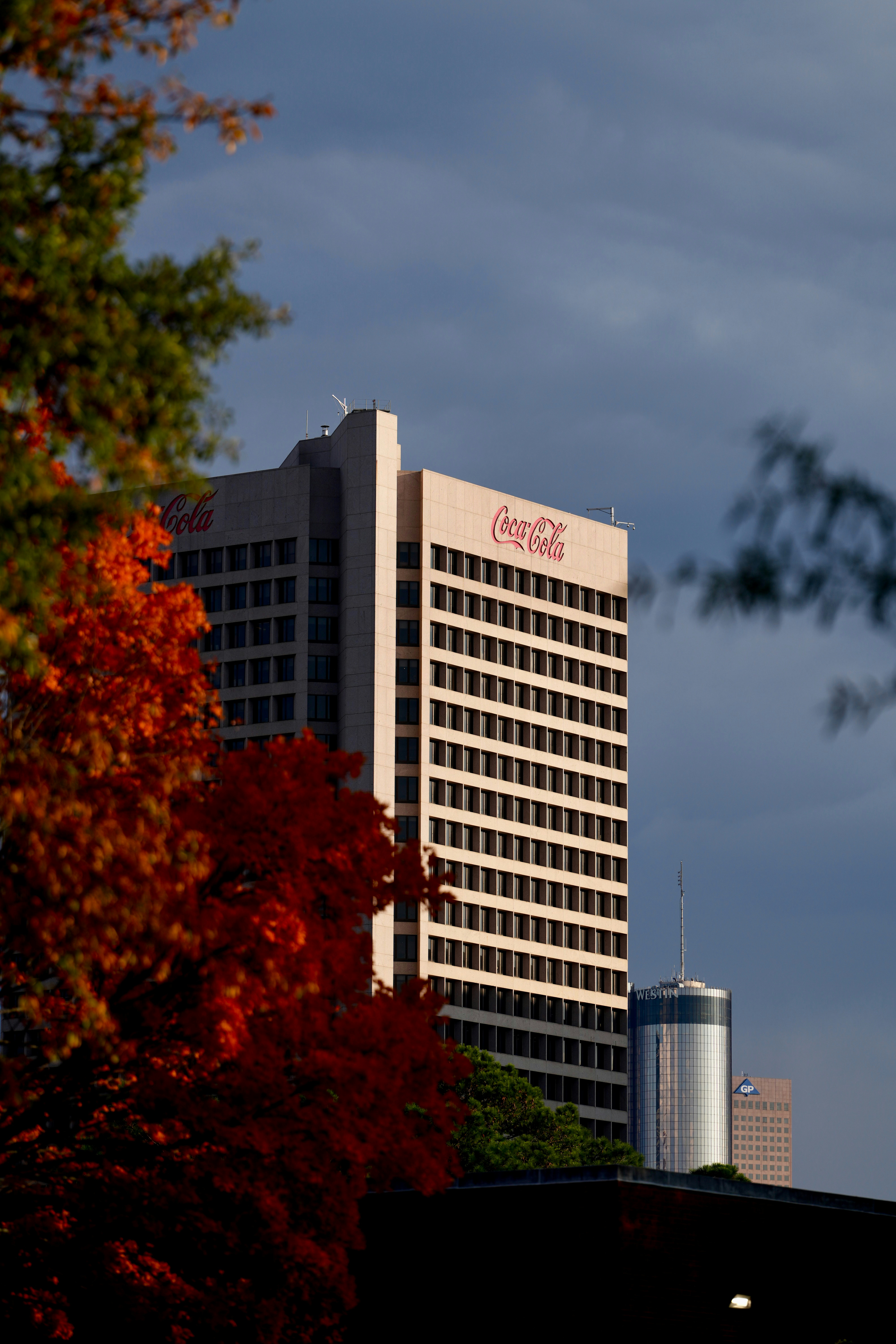 Crimson Foliage Framing the Coca-Cola Tower Under Autumn Light