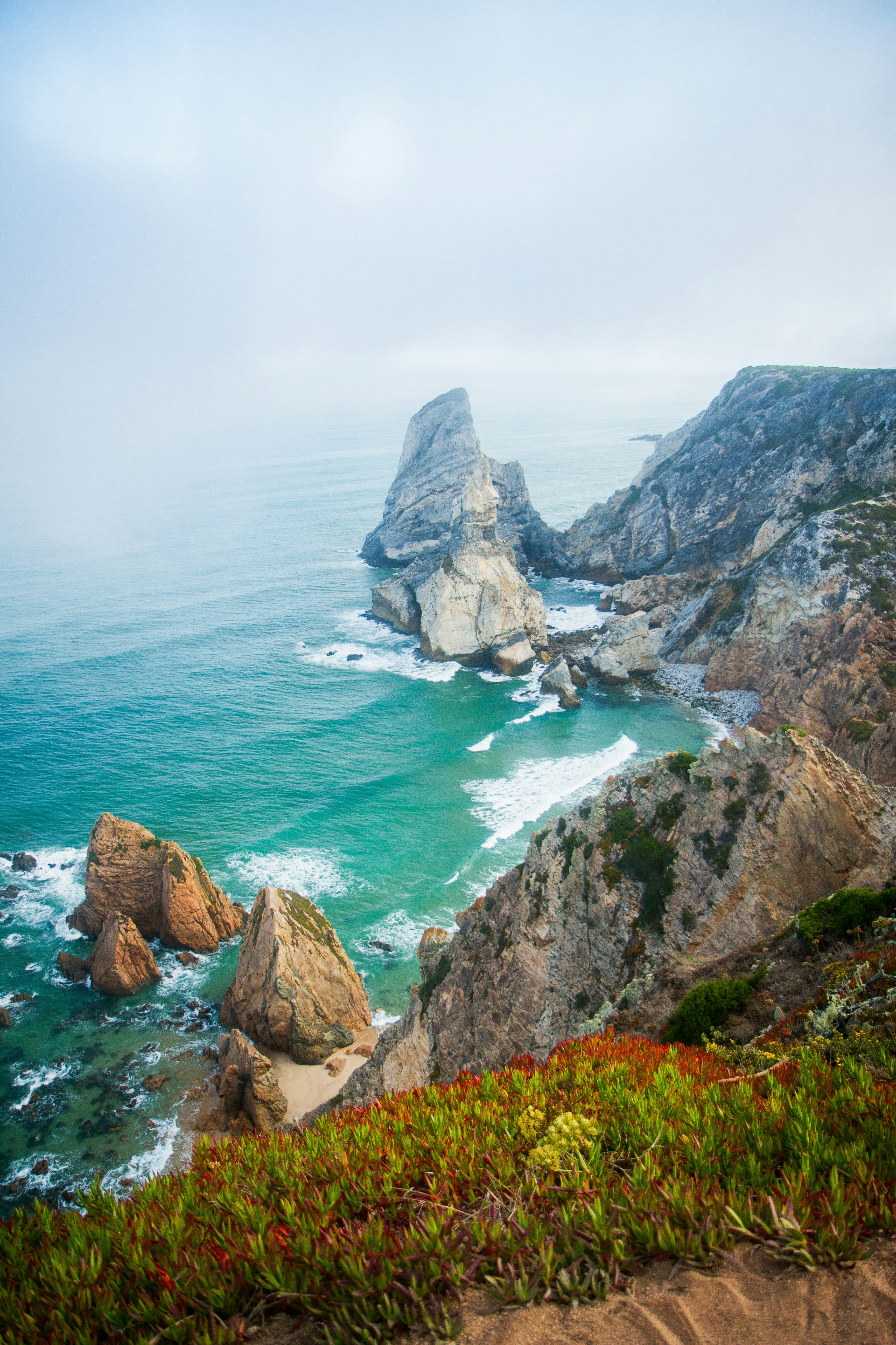 Cliffs, sea stacks, and the ice plant: the Iconic view of Praia da Ursa near Cabo da Roca, Portugal.