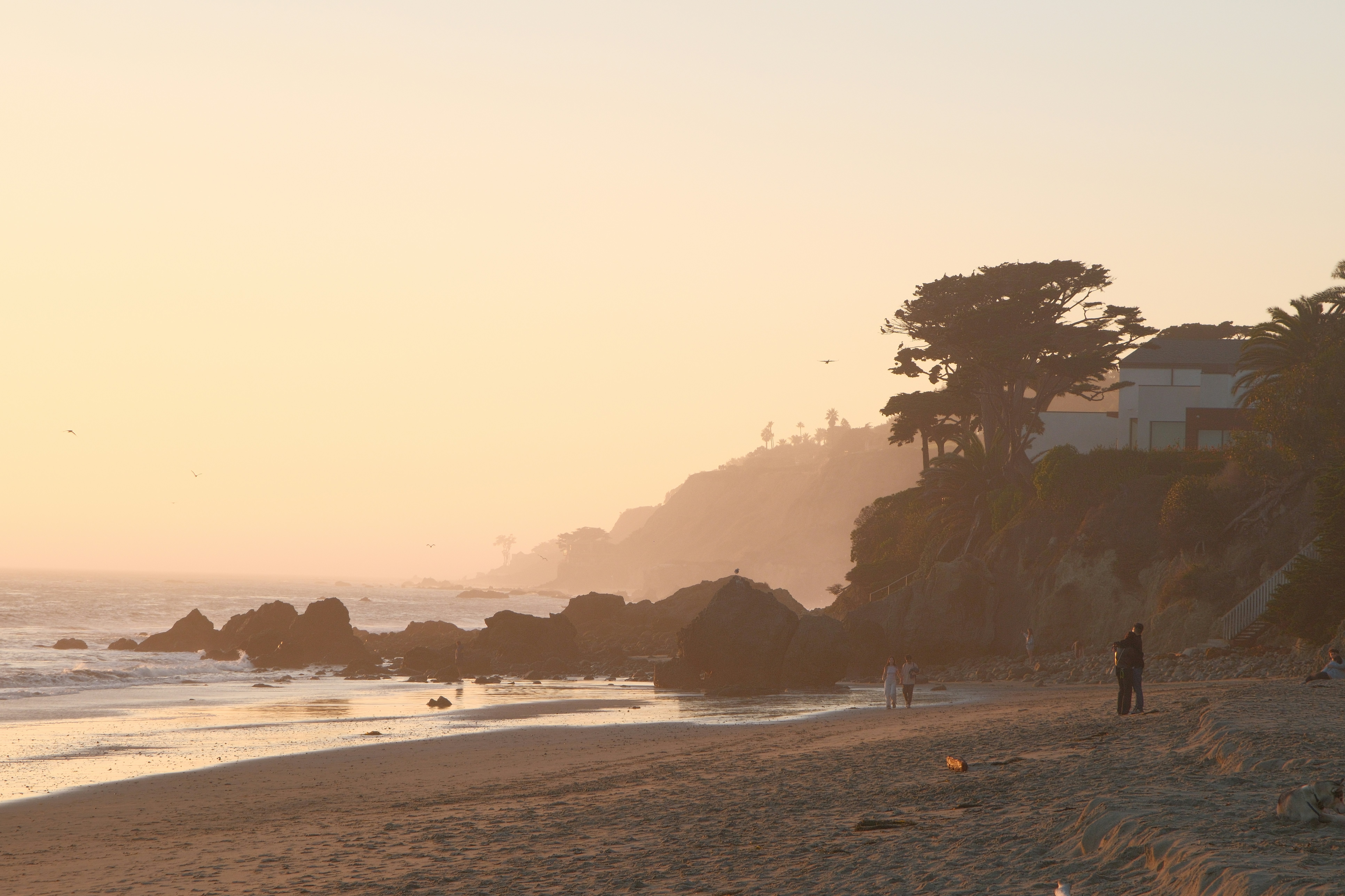 Dusk on the Pacific Shore: silhouettes, rocks, and cliffside houses