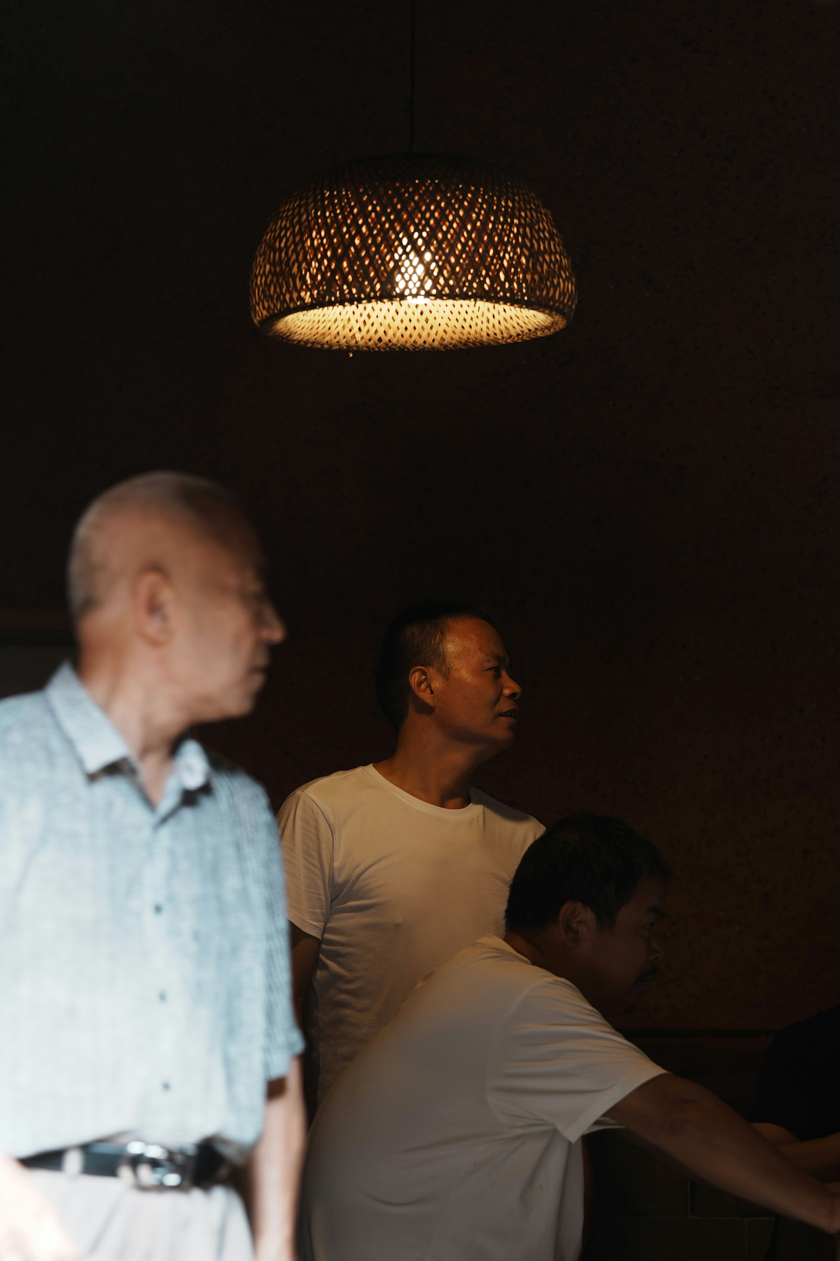 Moody Lounge Portraits Under a Woven Pendant