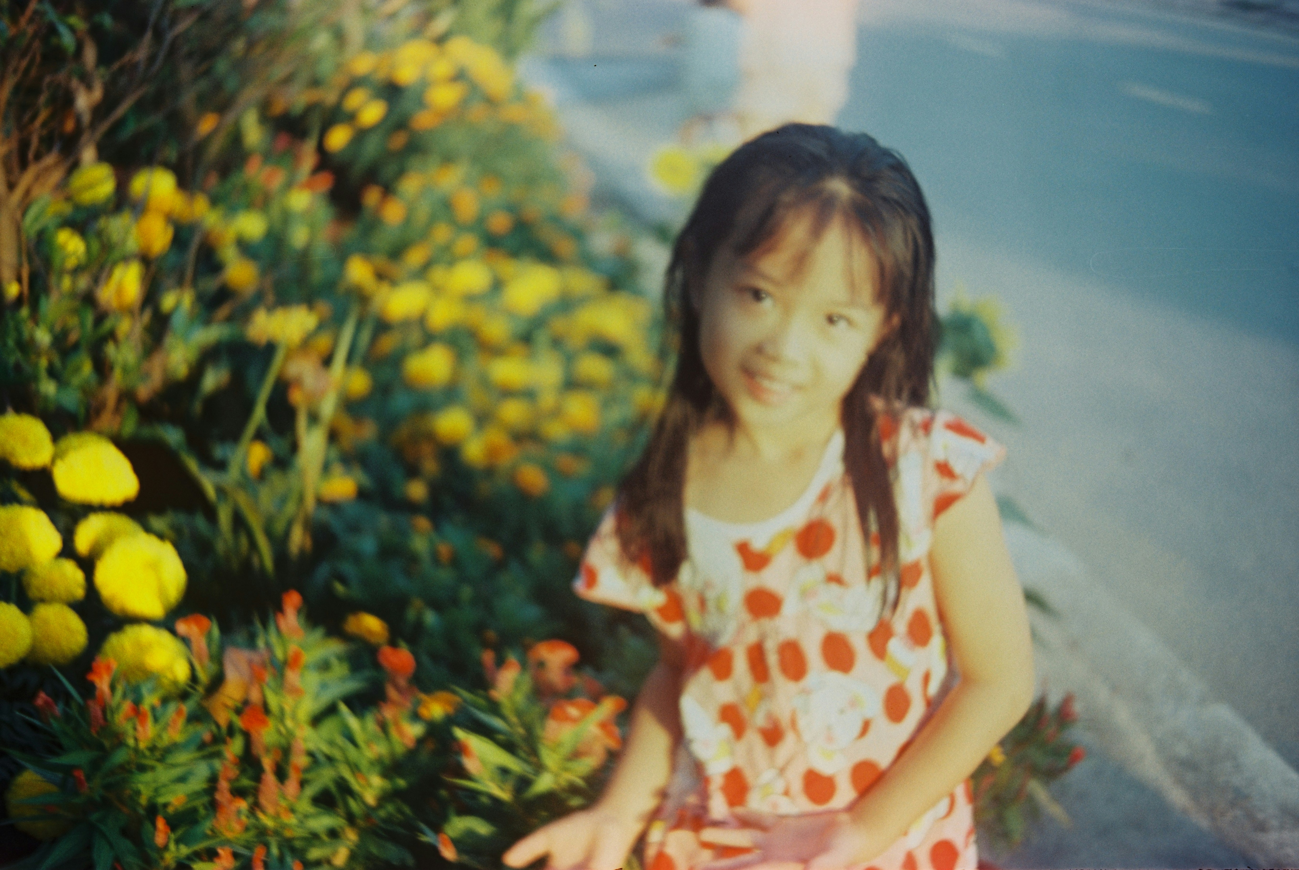 Sunlit Garden Portrait: A Girl Among Golden Blooms