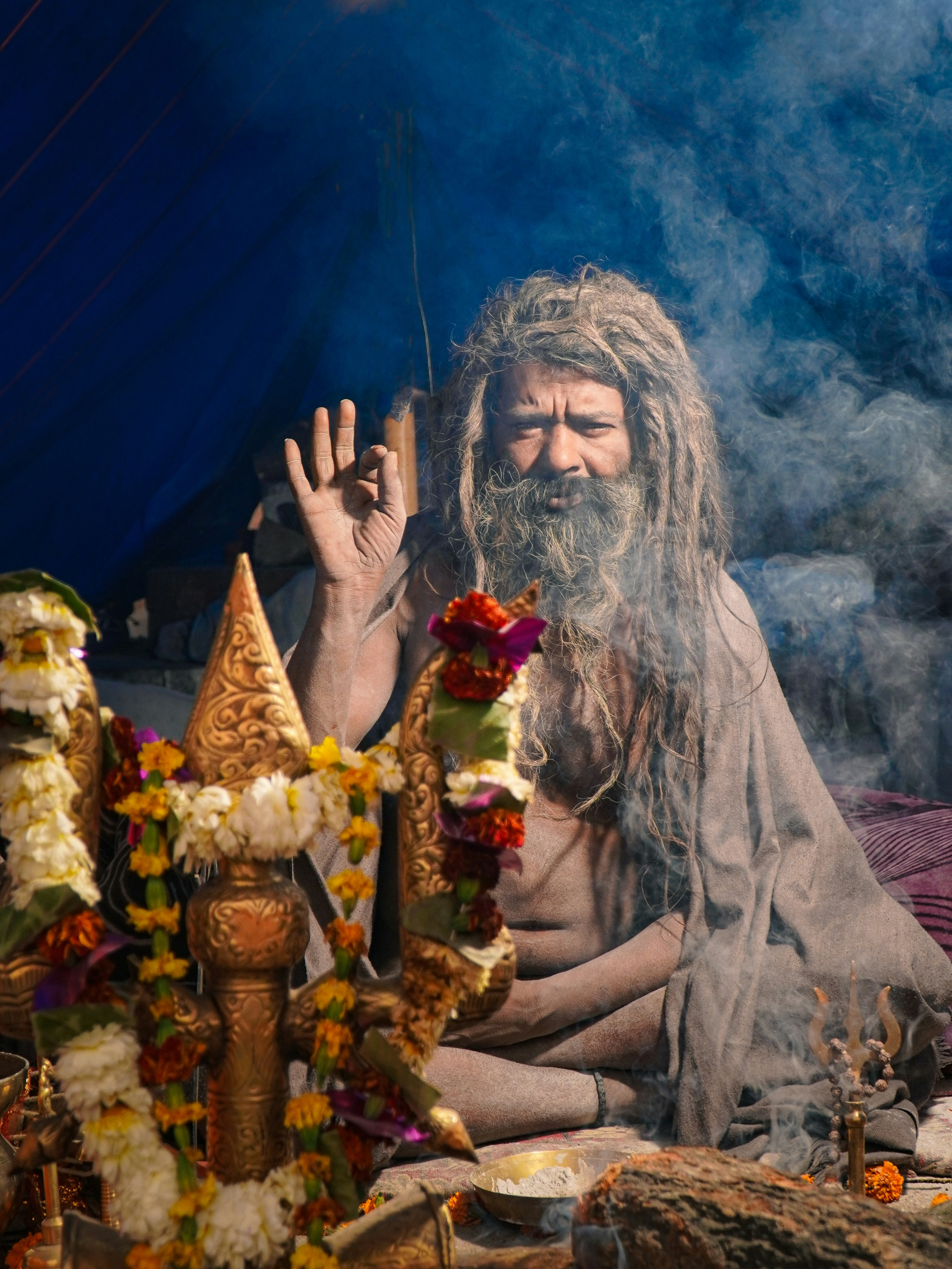 Incense, Blessing, and Floral Altar: Portrait of a Sage in Smoke