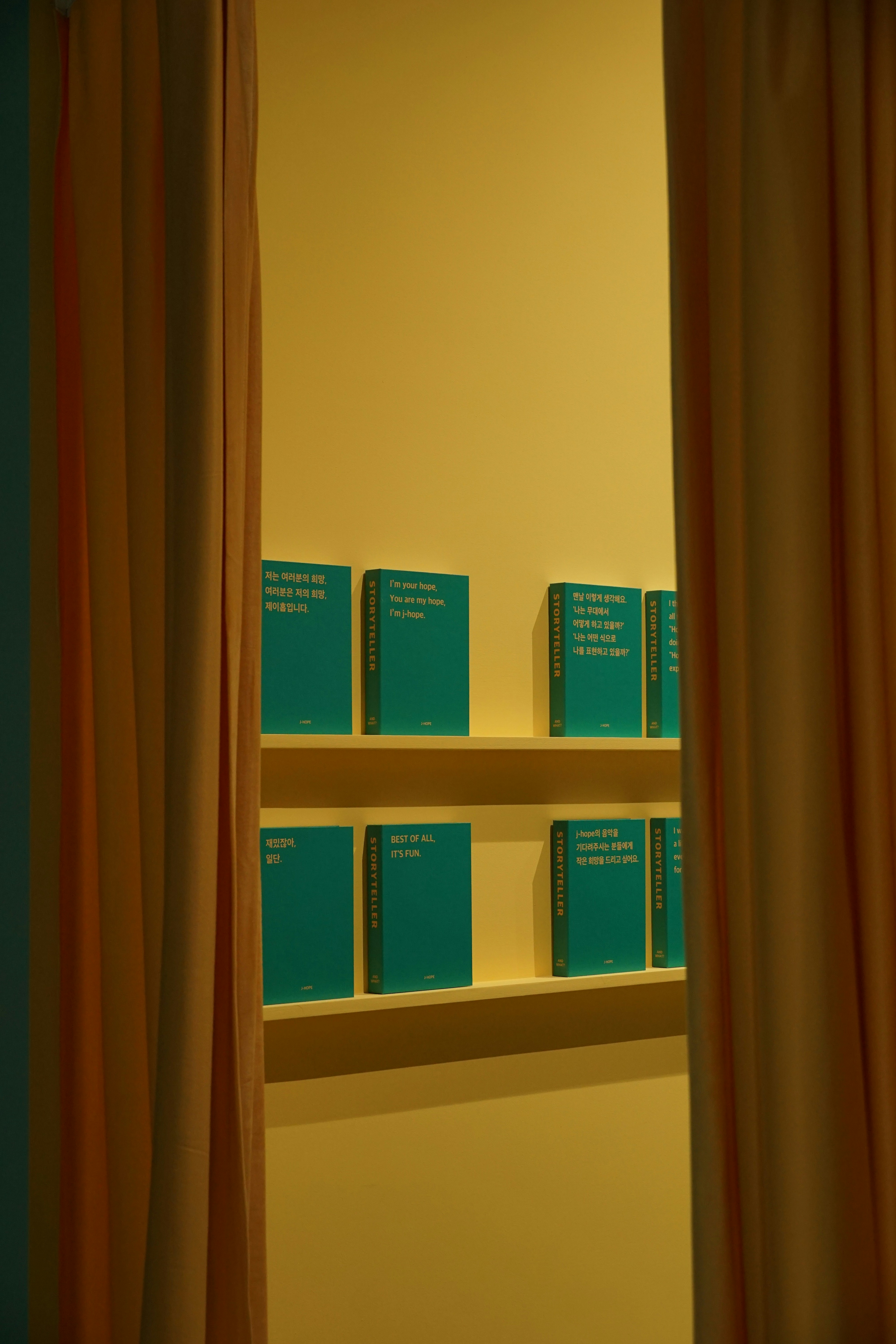 Teal Tomes Framed by Warm Curtain Light