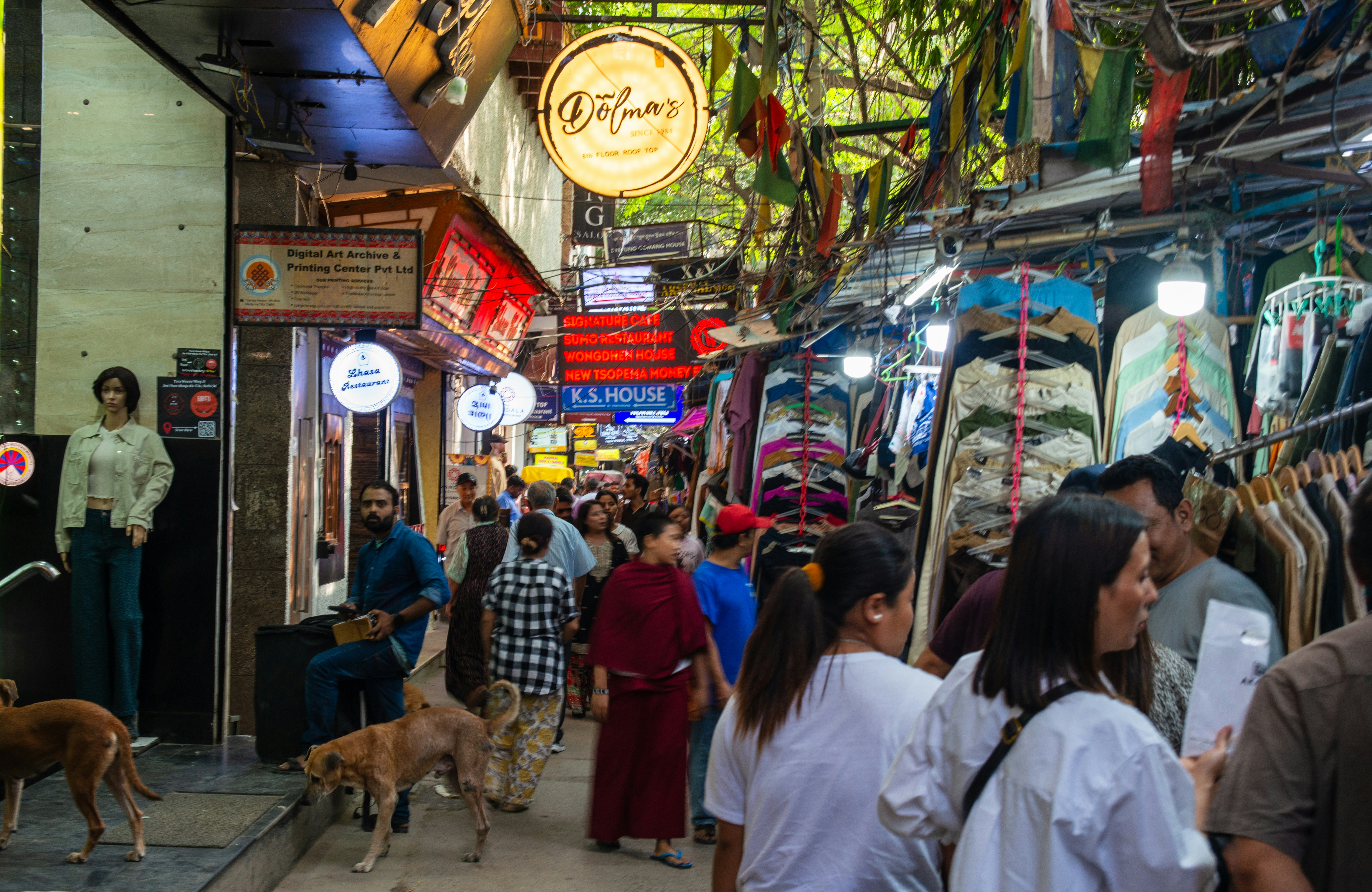 Laneway Bazaar Under Neon Signs: A Crowd Navigates the Colorful Market