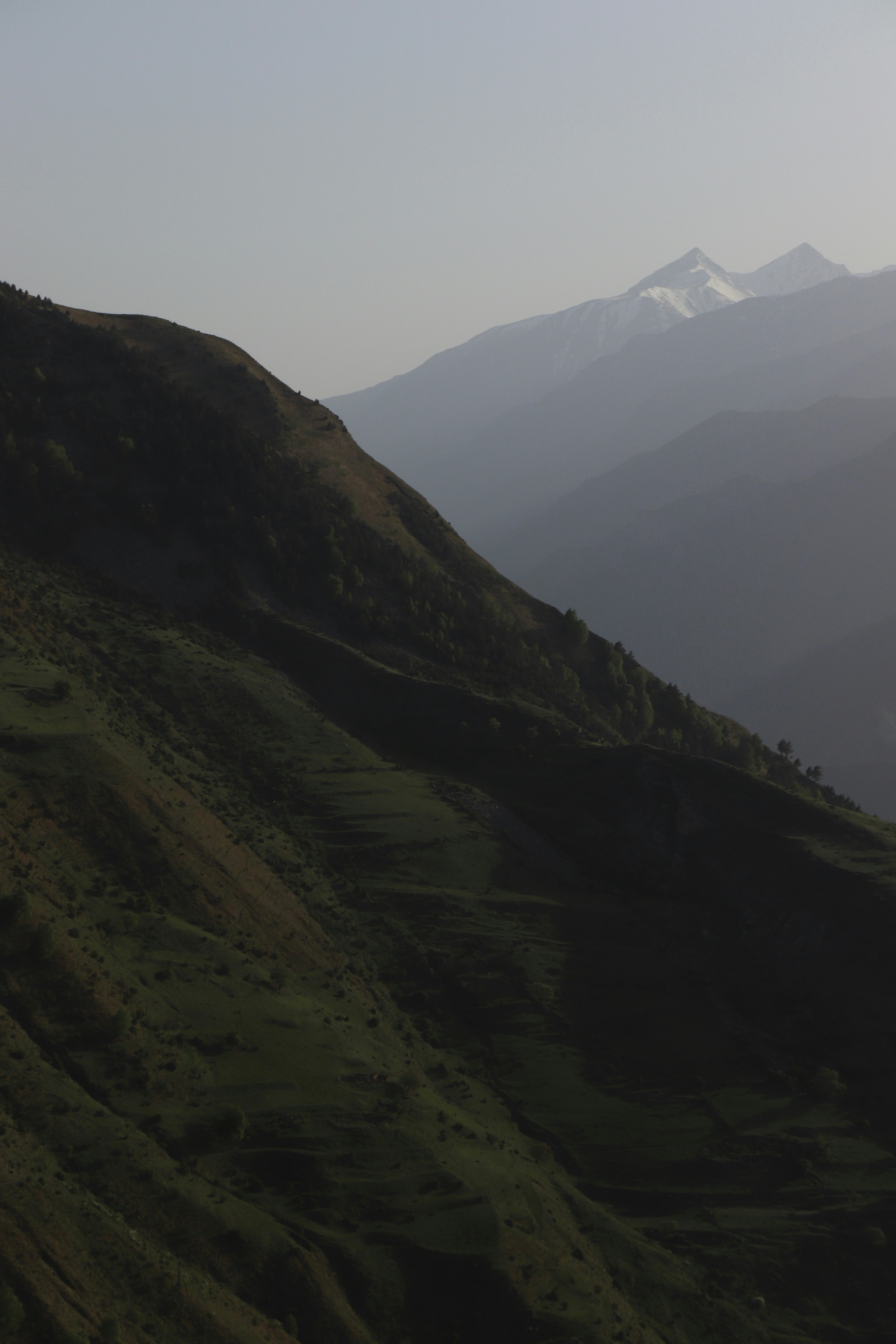 Snow-Capped Summit Cutting Through Mountain Mist Above Terraced Slopes