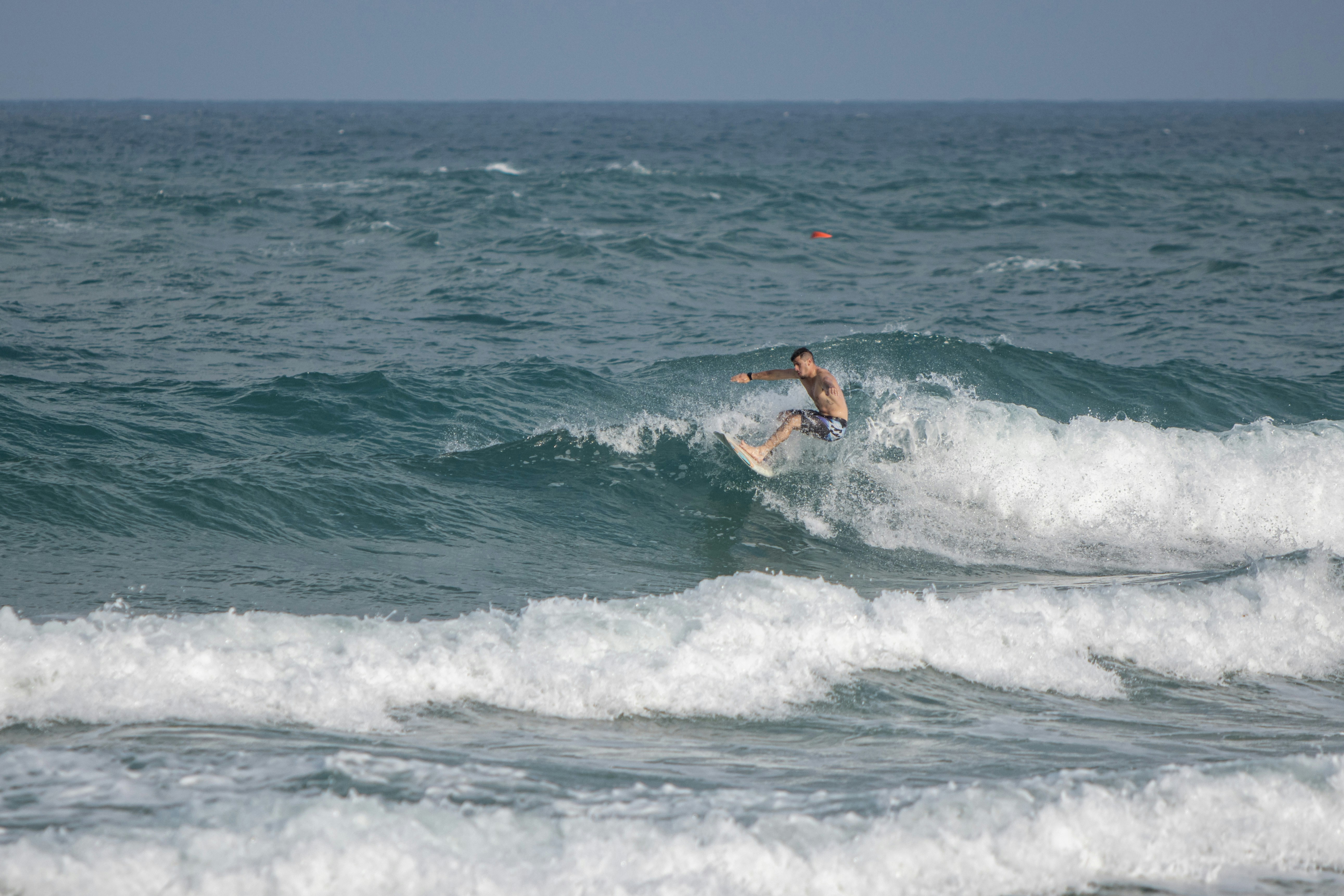 Carving the Crest: A Lone Surfer Tackles a Rolling Blue Wave