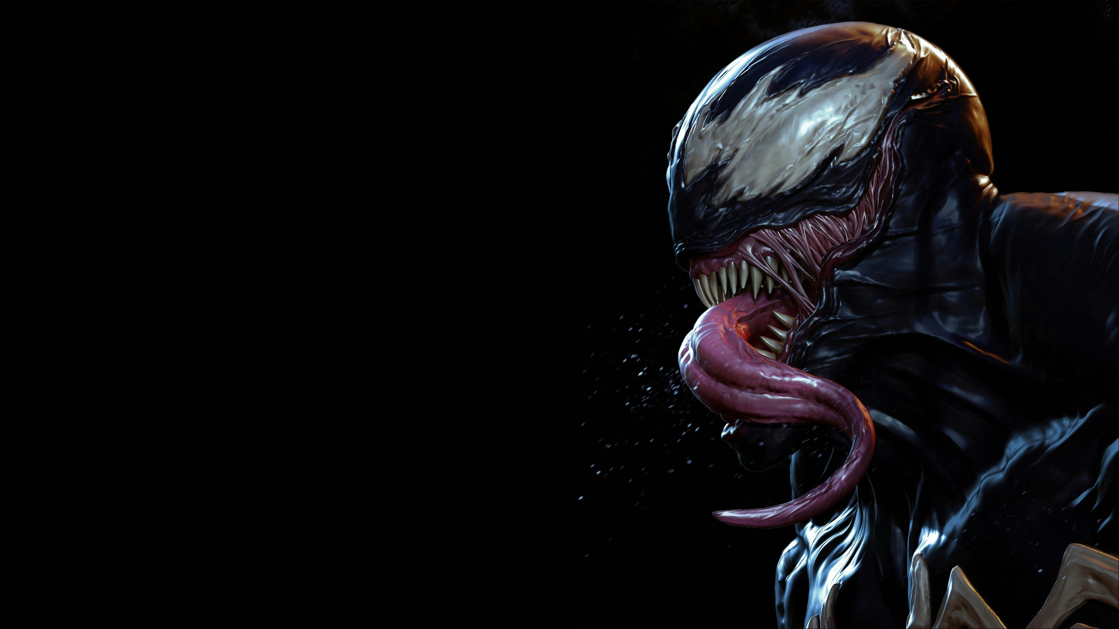 Venom con la lengua hacia afuera sobre fondo negro foto – Imagen de ...