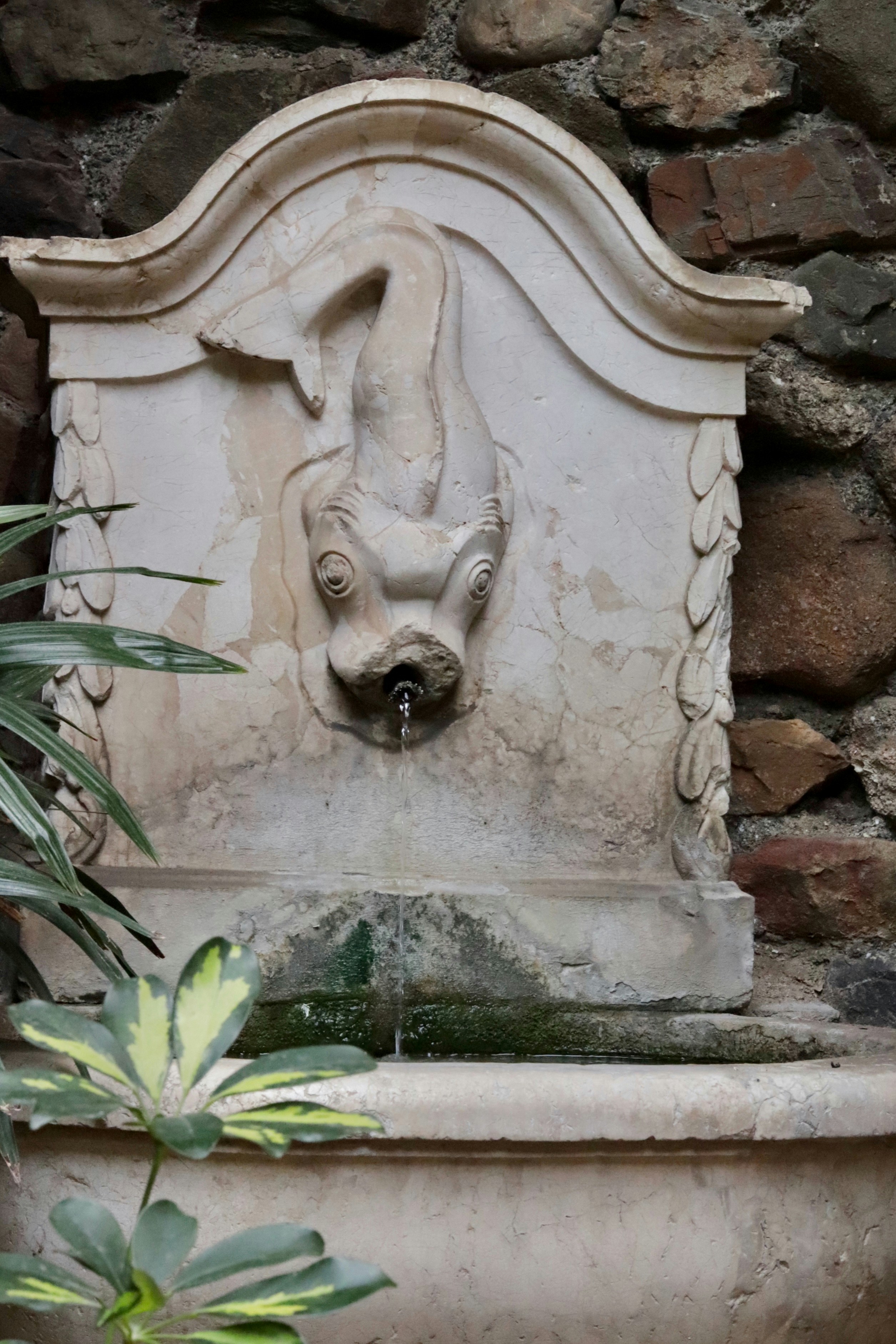 Stone fountain with dolphin spout against a stone wall photo – Free ...