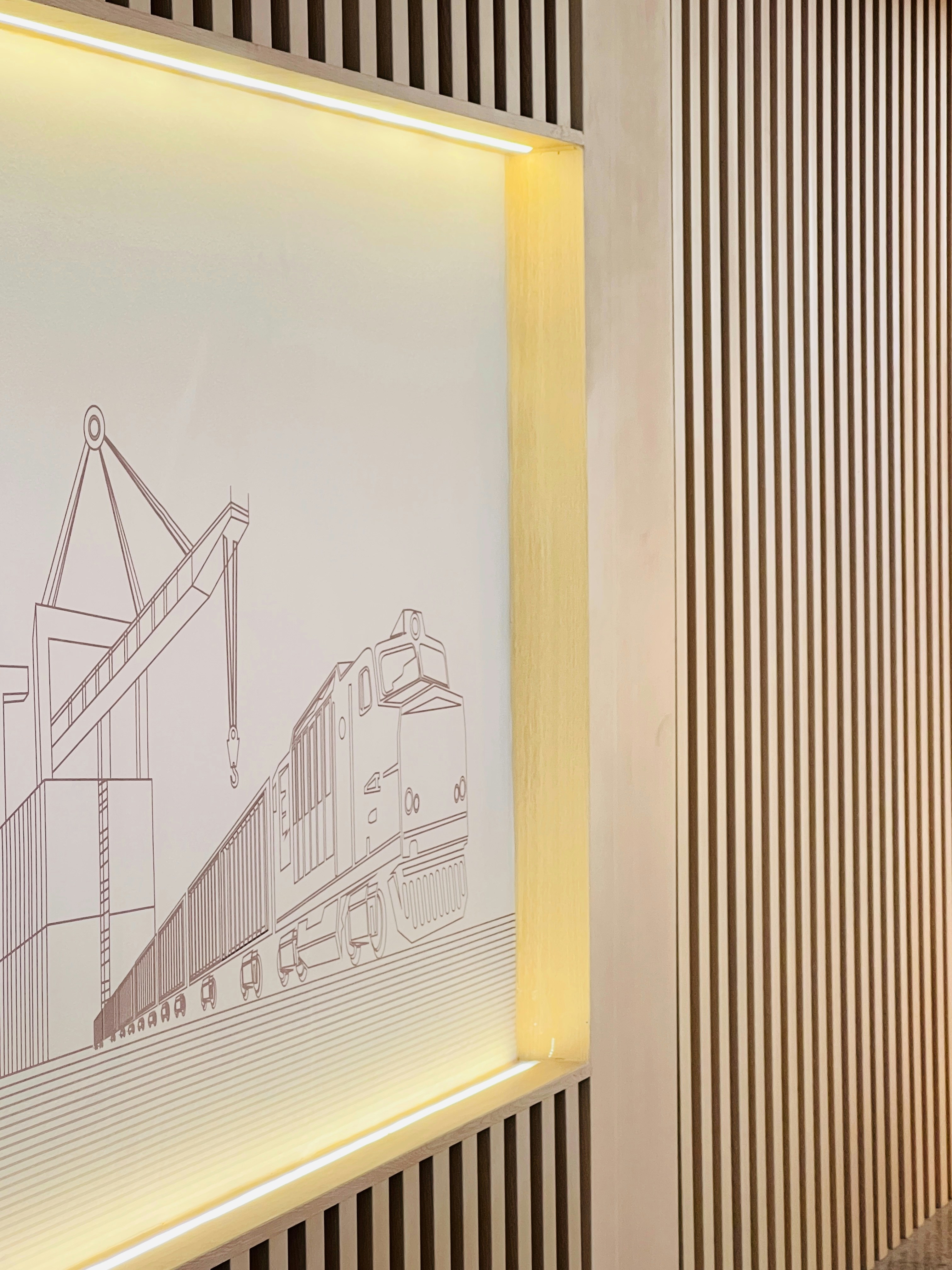 Warm Backlight on an Industrial Sketch: Crane and Train Within Slatted Frames