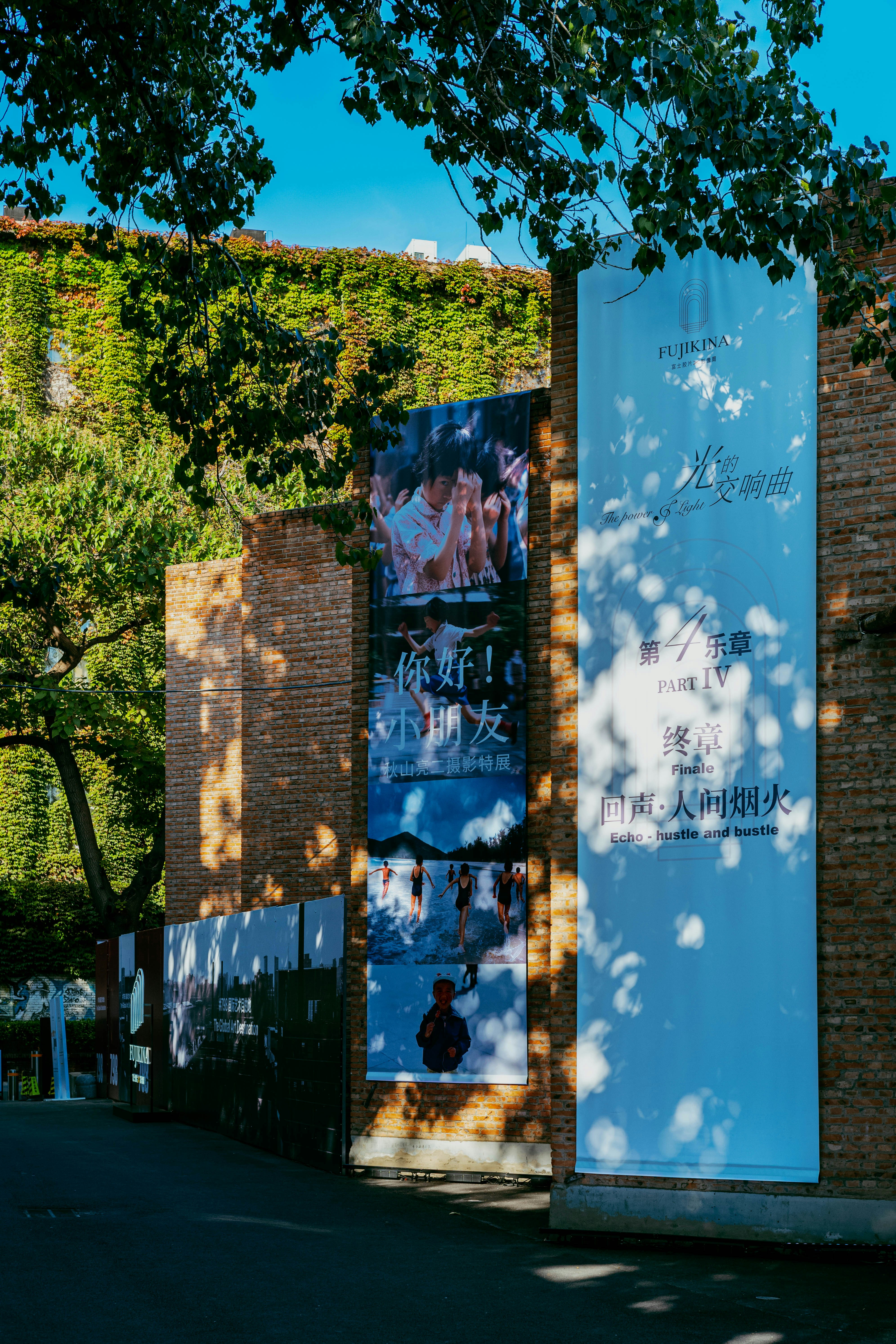 Ivy-Framed Exhibition Wall Under a Sky-Blue Banner